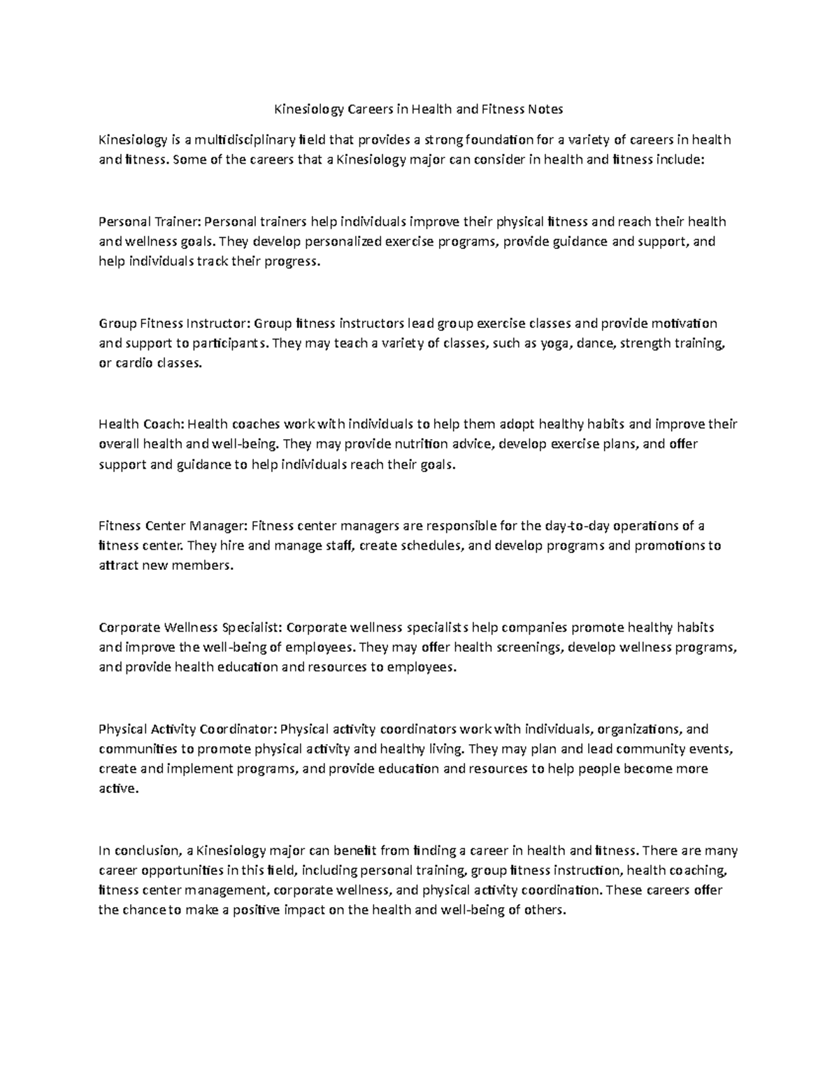 Kinesiology Careers in Health and Fitness Notes - Kinesiology Careers ...