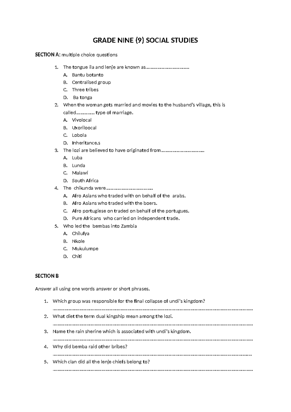 Grade NINE 9 Social Studies - GRADE NINE (9) SOCIAL STUDIES SECTION A ...