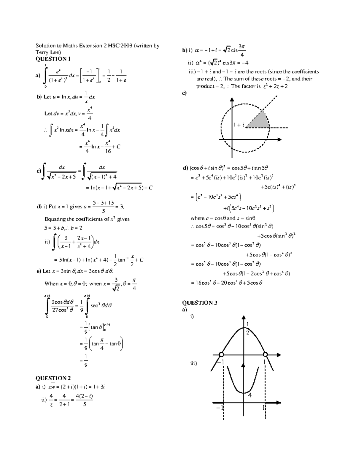 Maths Ext 2 2003 Terry Lee's Solutions - Solution to Maths Extension 2 ...