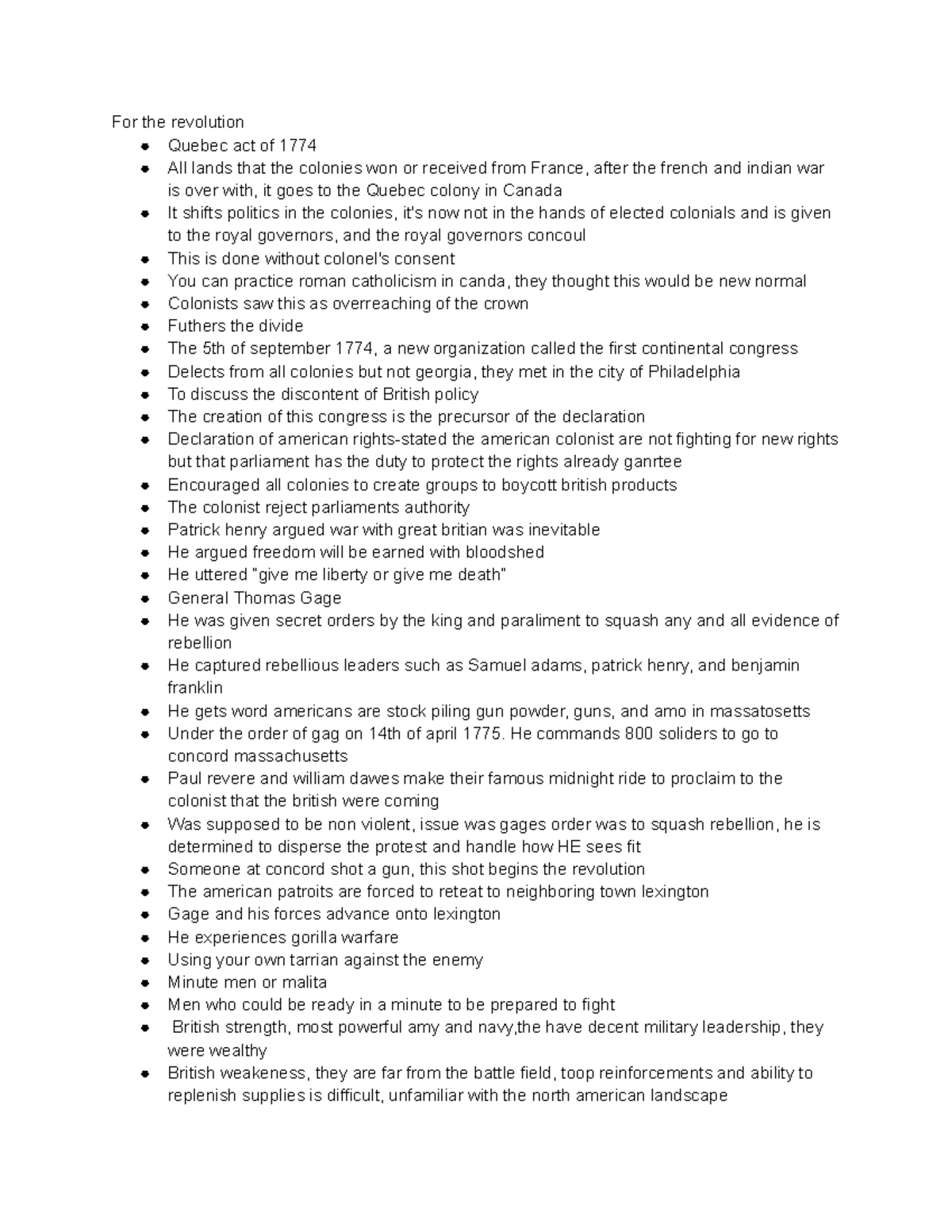 Unit 2 History - unit 2 - For the revolution Quebec act of 1774 All ...