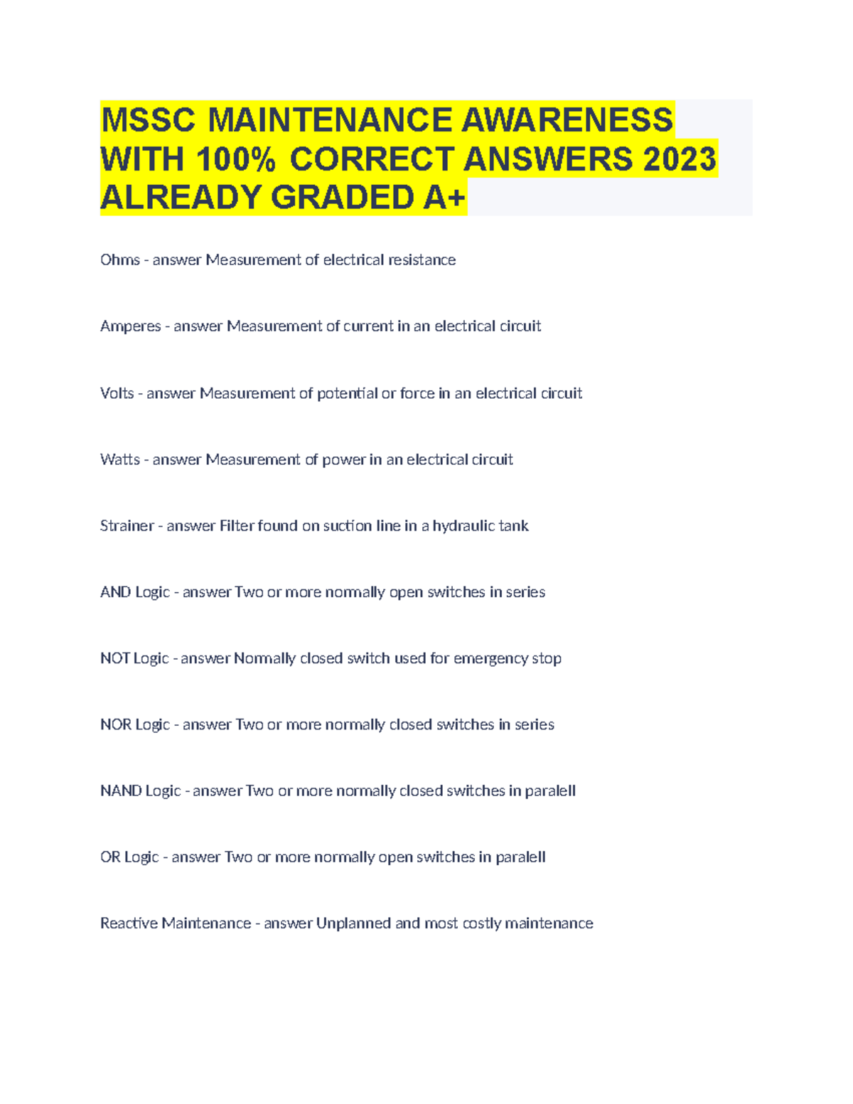 MSSC Maintenance Awareness WITH 100% Correct Answers 2023 Already ...
