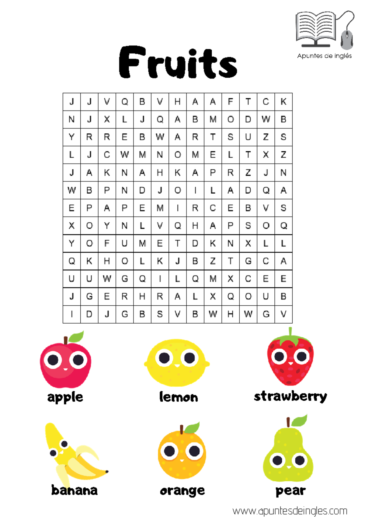 Frutas 1 - Sopa de letras fácil www - Proyecto I - Fruits apple banana ...