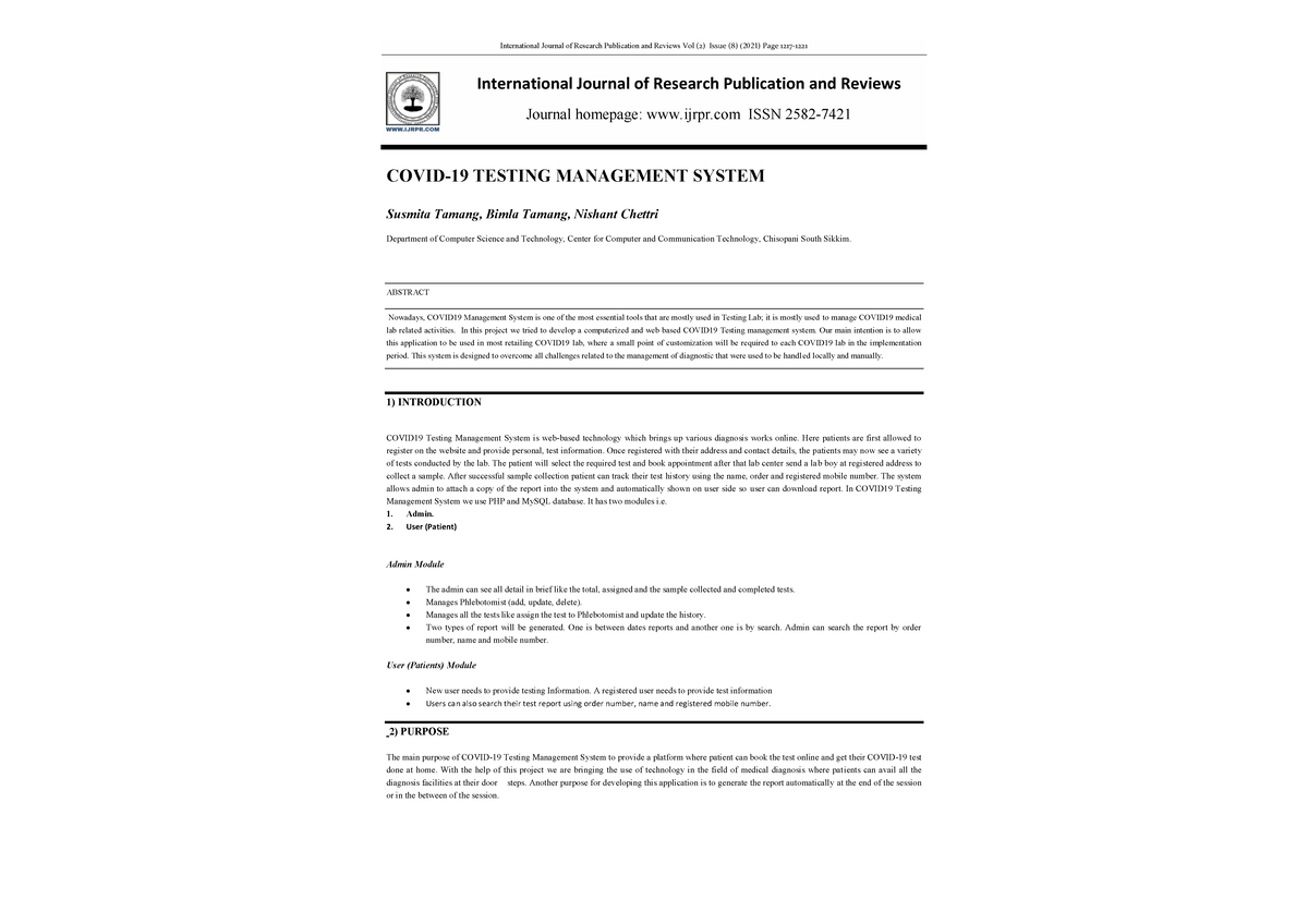 Covid-19 Testing Management System - Ijrpr 1124 - International Journal ...