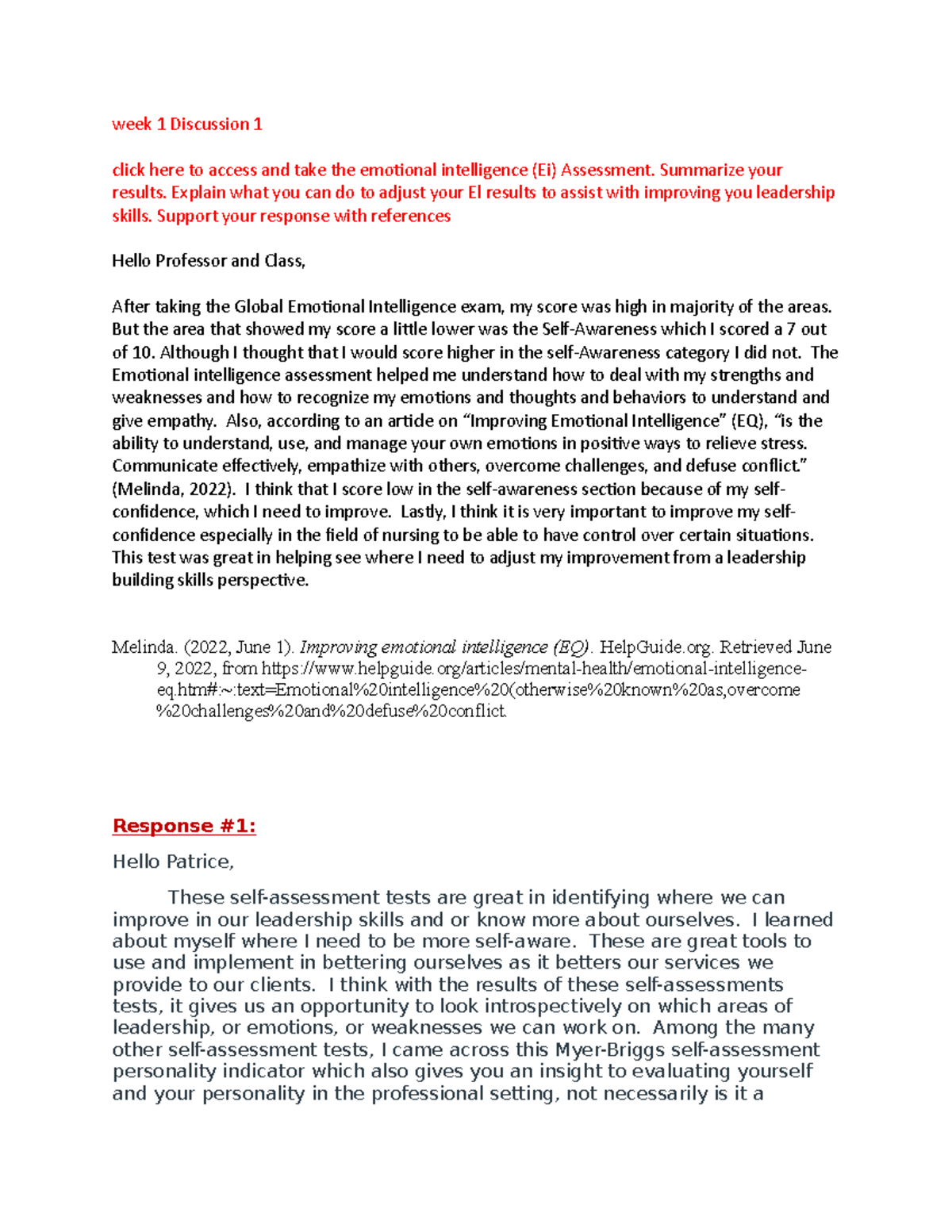 Week 1 Discussion 1 - week 1 Discussion 1 click here to access and take the emotional ...