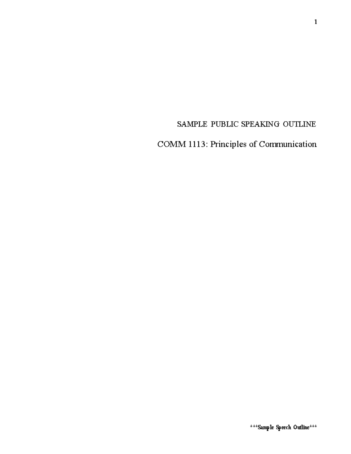 Sample speech outline - SAMPLE PUBLIC SPEAKING OUTLINE COMM 1113 ...