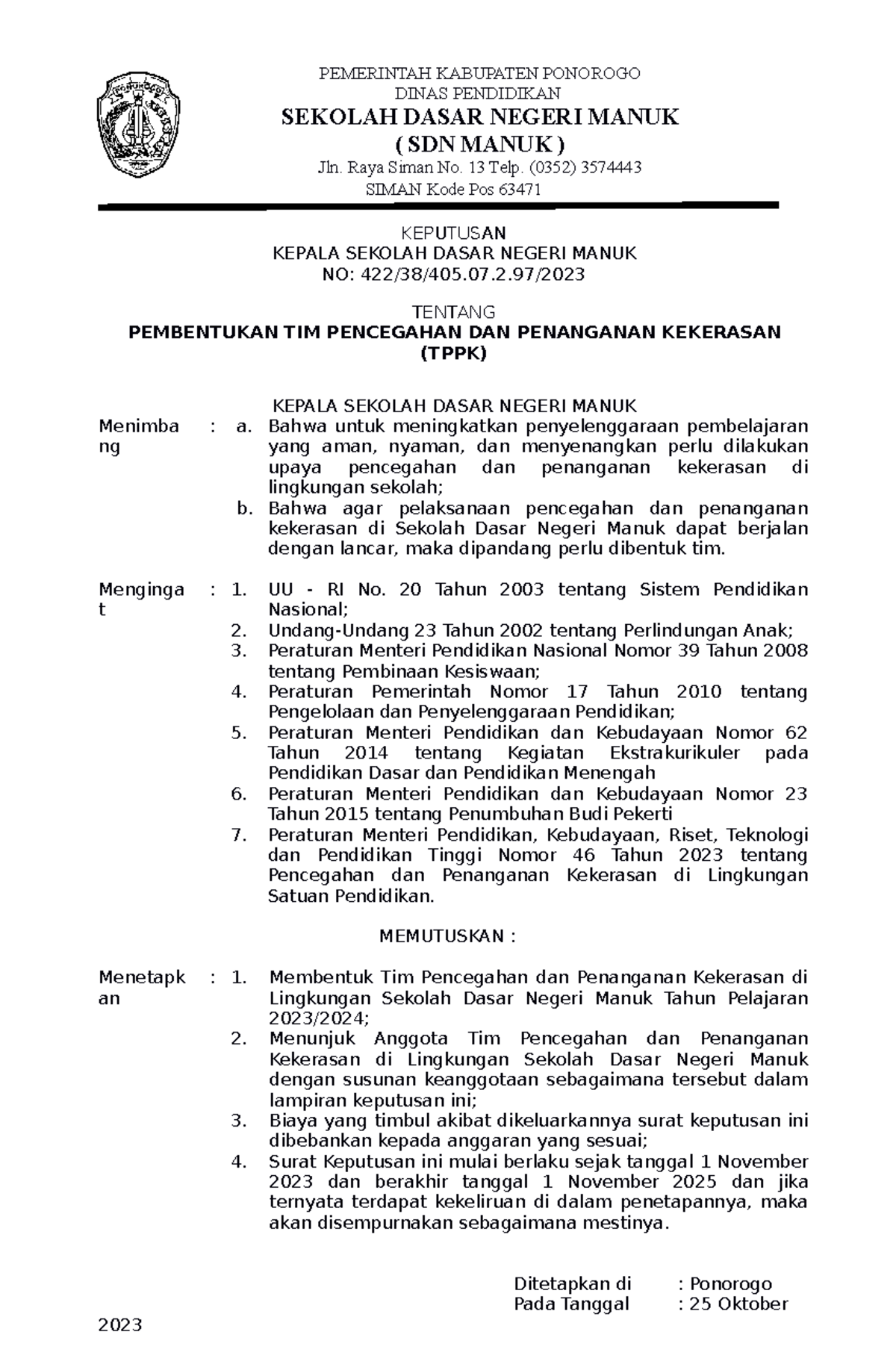 [panduanmengajar.com] SK Tim Pencegahan dan Penanganan Kekerasan di Lingkungan Satuan Pendidikan ...
