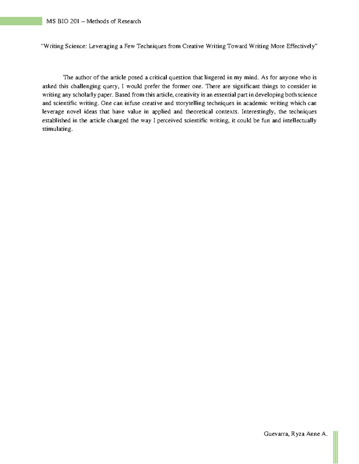 Msbio 201 Reading 1 - MS BIO 201 – Methods of Research Guevarra, Ryza ...