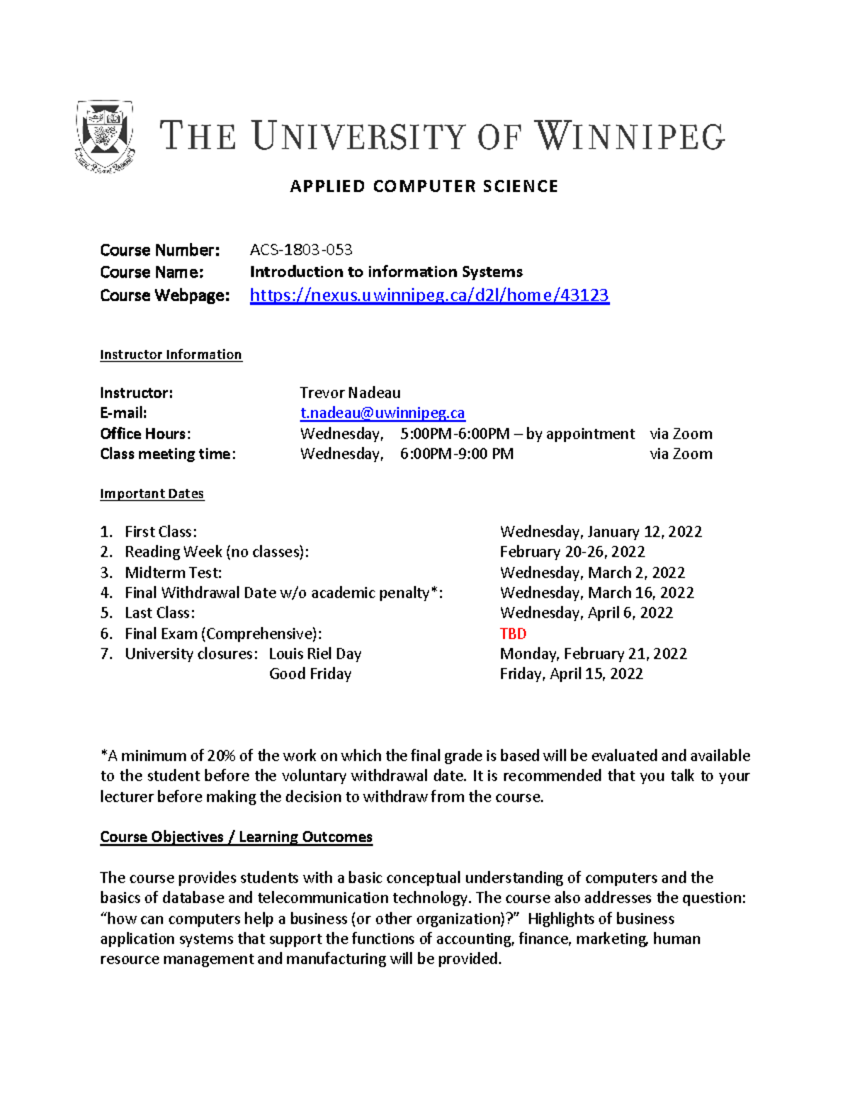 ACS-1803 - introduction to information systems Outline syllabus ...