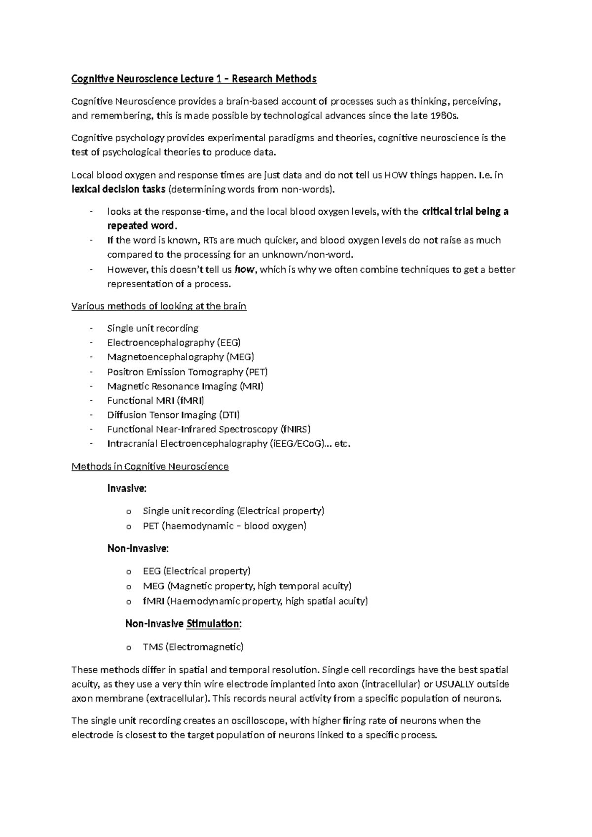 Cognitive Neuroscience 1 Research Methods Cognitive Neuroscience Lecture 1 Research