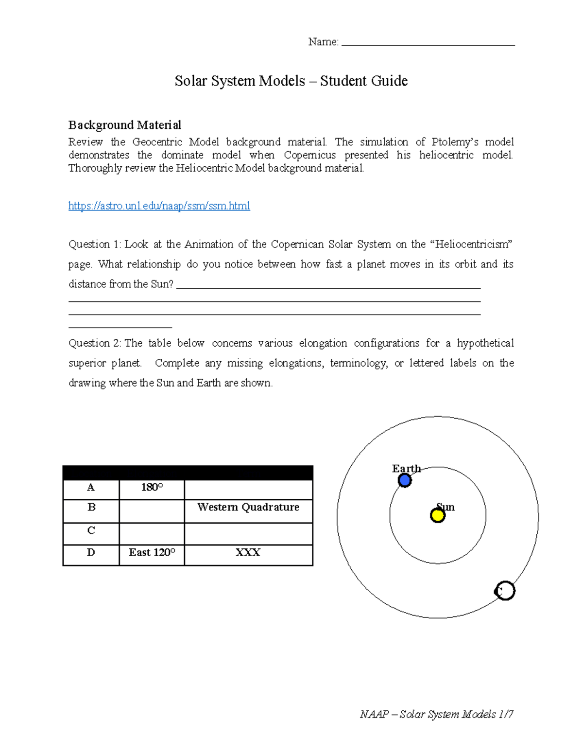 PHYS 1415 Lab 4 Solar System Models - C Sun Earth Name: Solar System ...