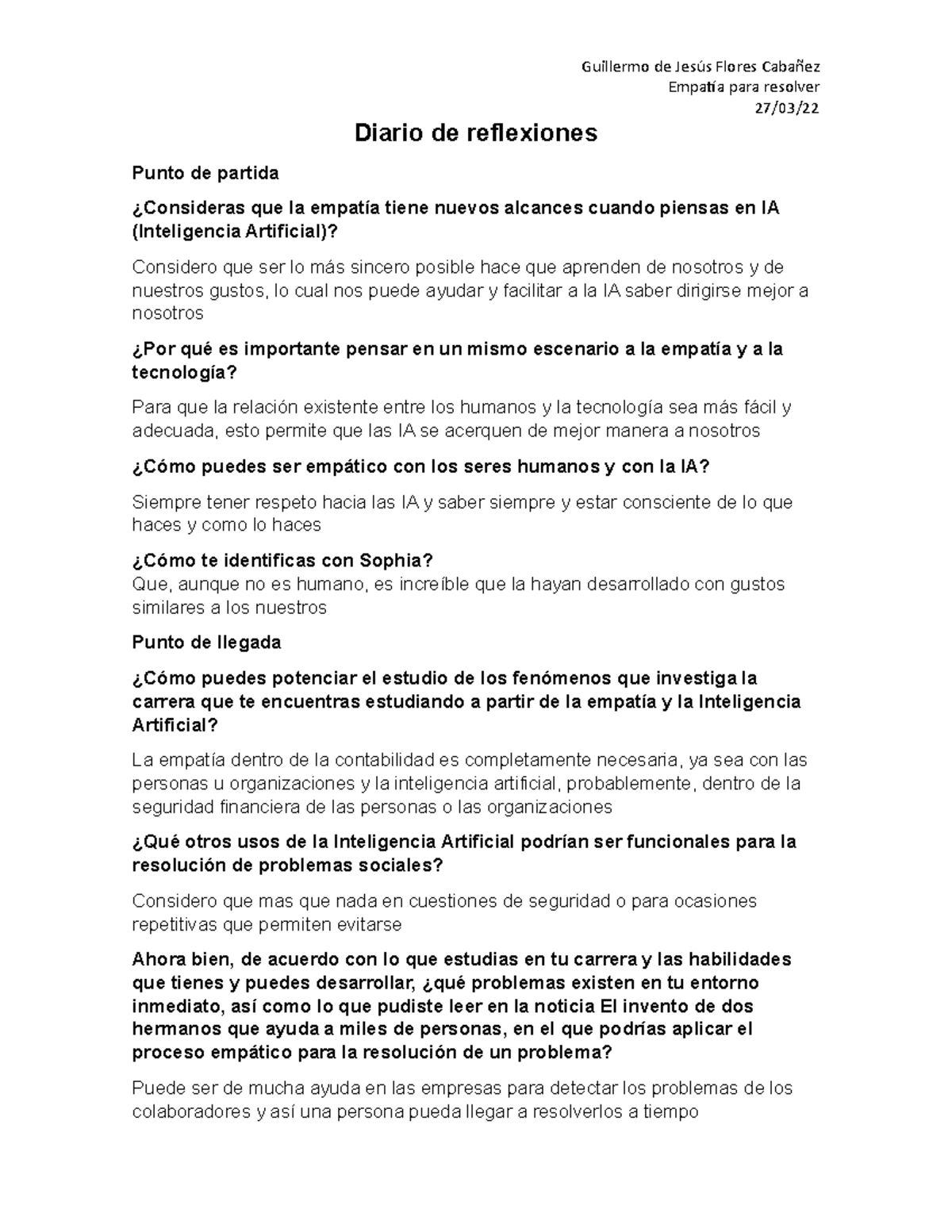 Diario de reflexiones 2 - Guillermo de Jesús Flores Cabañez Empatía para resolver 27/03/ Diario ...