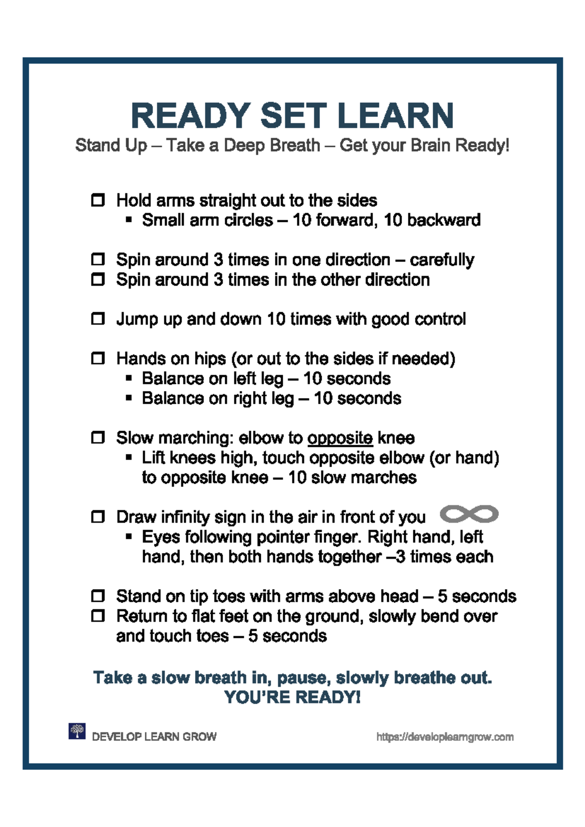 Brain Break Exercise Printable DLG - READY SET LEARN Stand Up Take a ...