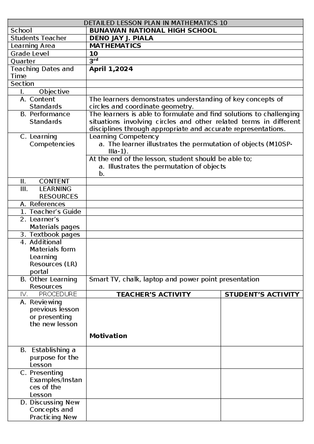 Permutation - N/A - DETAILED LESSON PLAN IN MATHEMATICS 10 School BUNAWAN NATIONAL HIGH SCHOOL ...