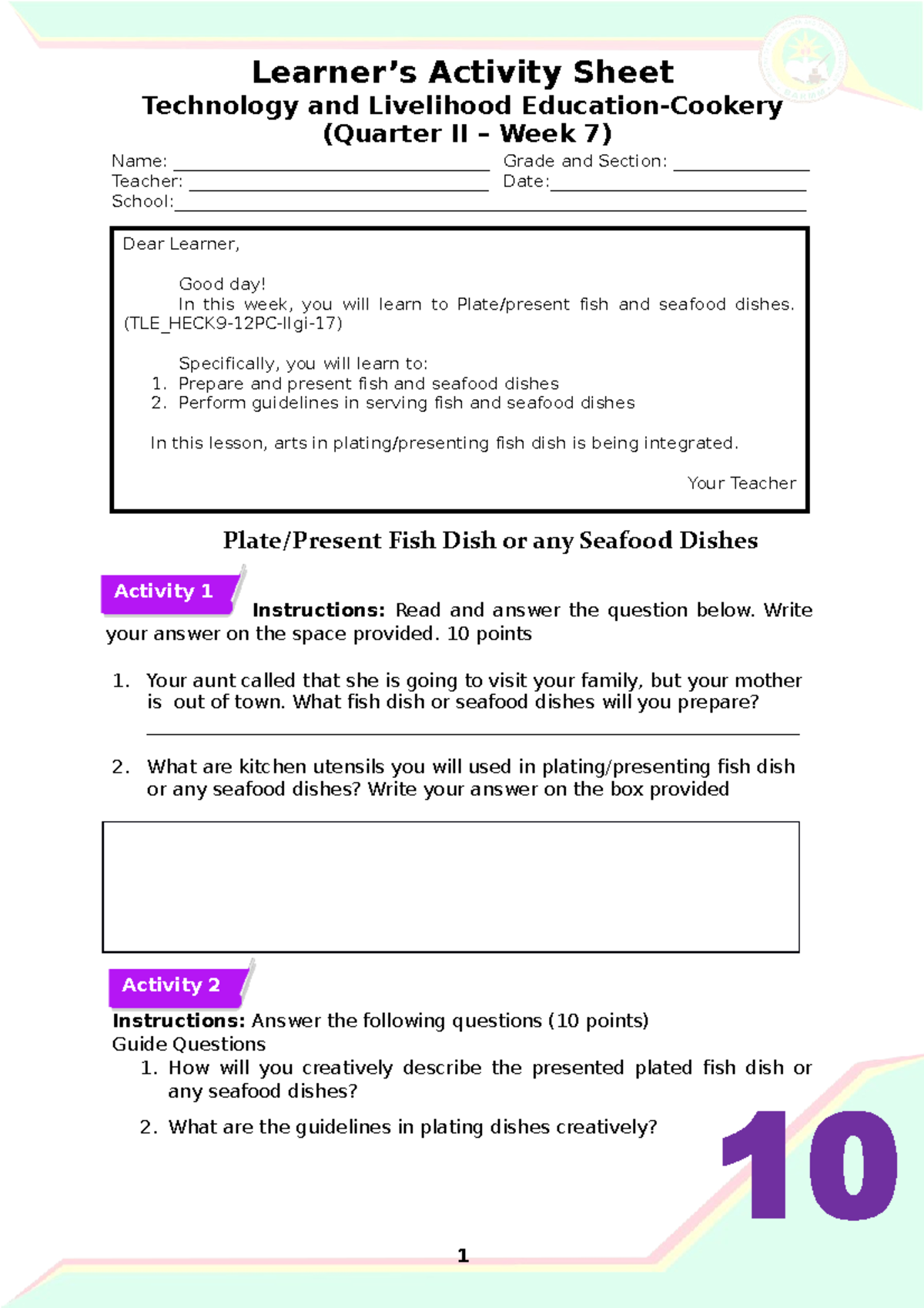 G10 TLE Cookery Q2 W7 - Plate/Present Fish Dish or any Seafood Dishes ...