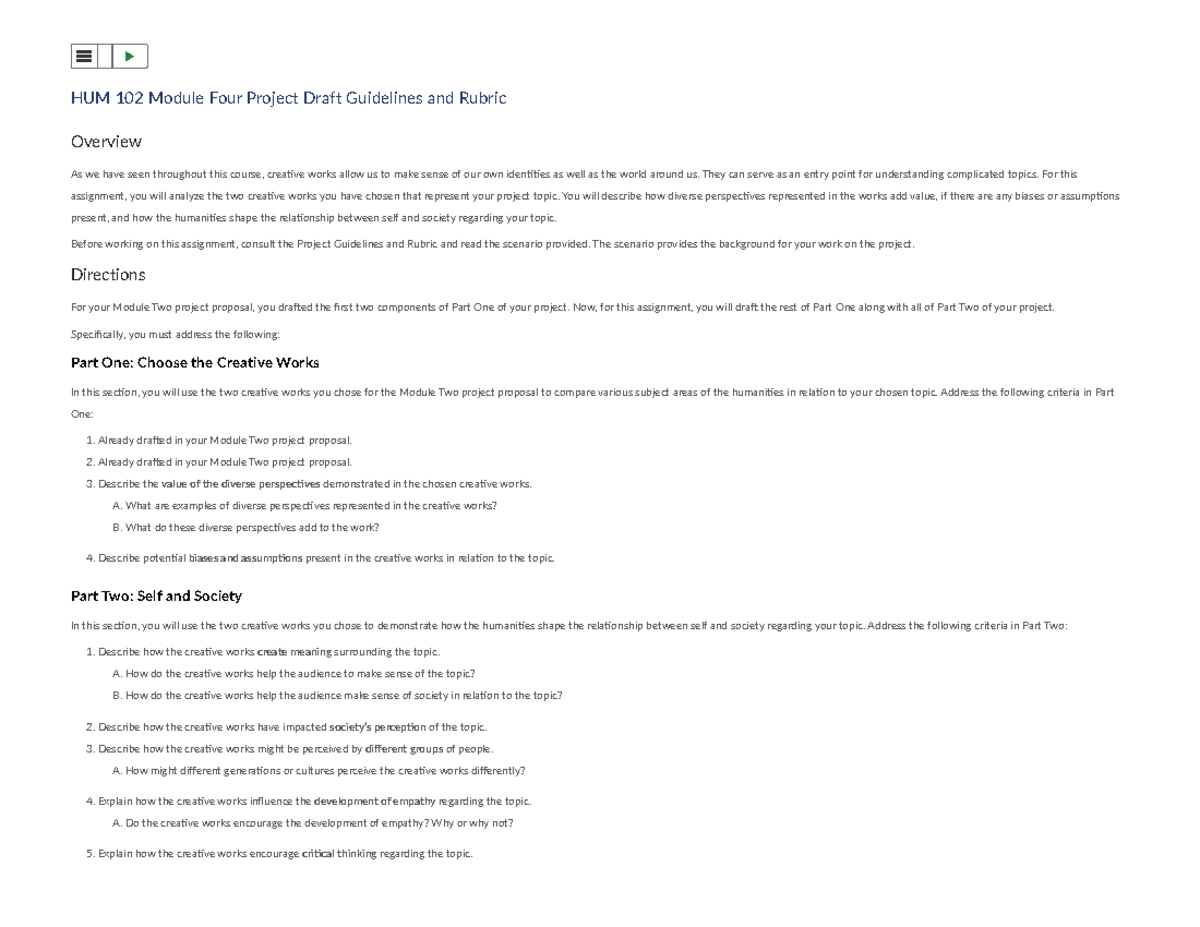 Module Four Project Draft Guidelines and Rubric - HUM 102 Module Four Project Draft Guidelines ...