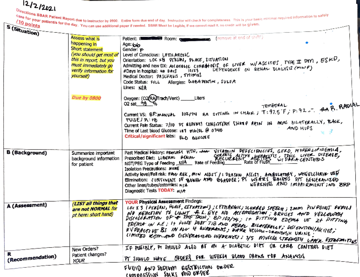 Cirrhosis long sbar - 2/2/ Directions are for your patient/sfor the day ...