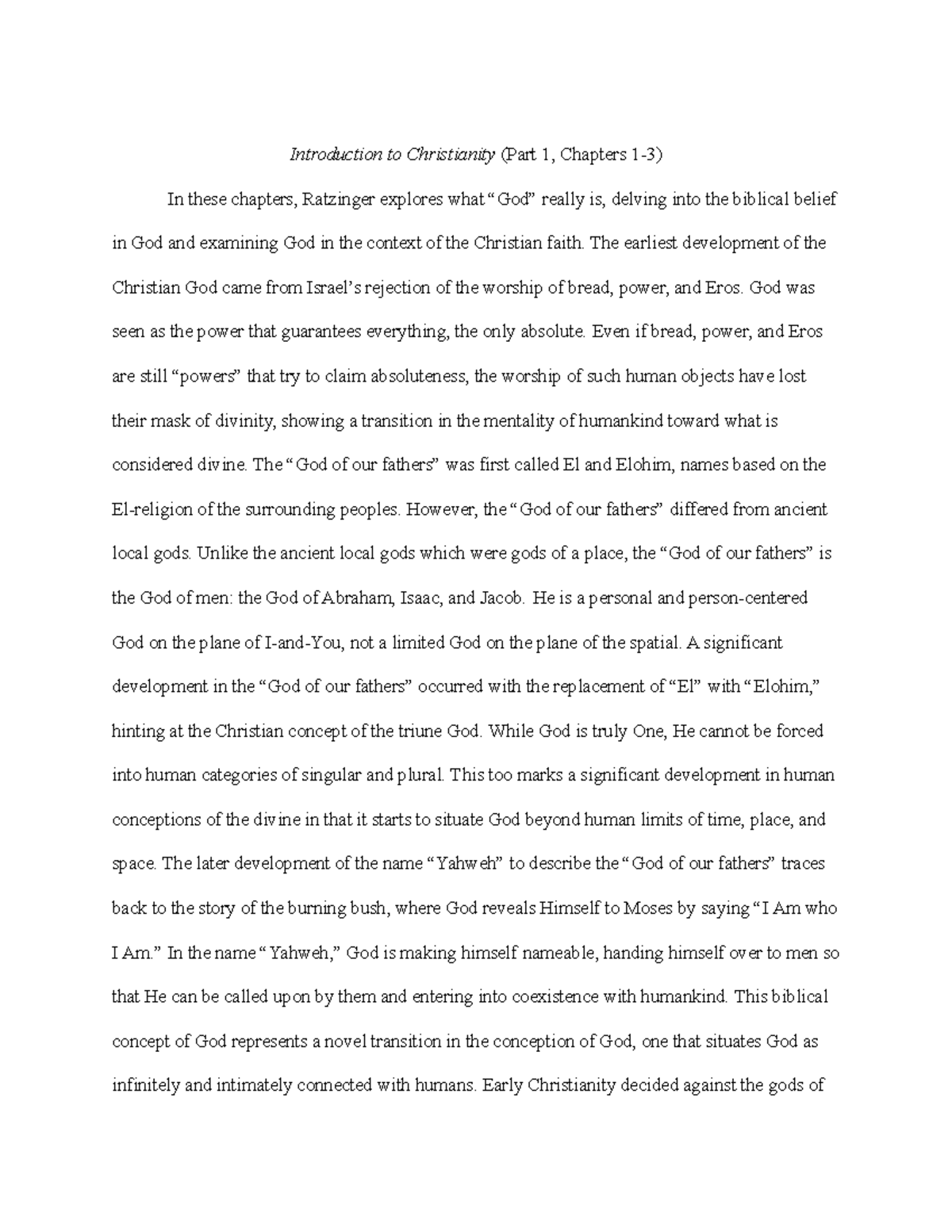 Introduction to Christianity Summary Paper Ch 1-3 - Introduction to ...