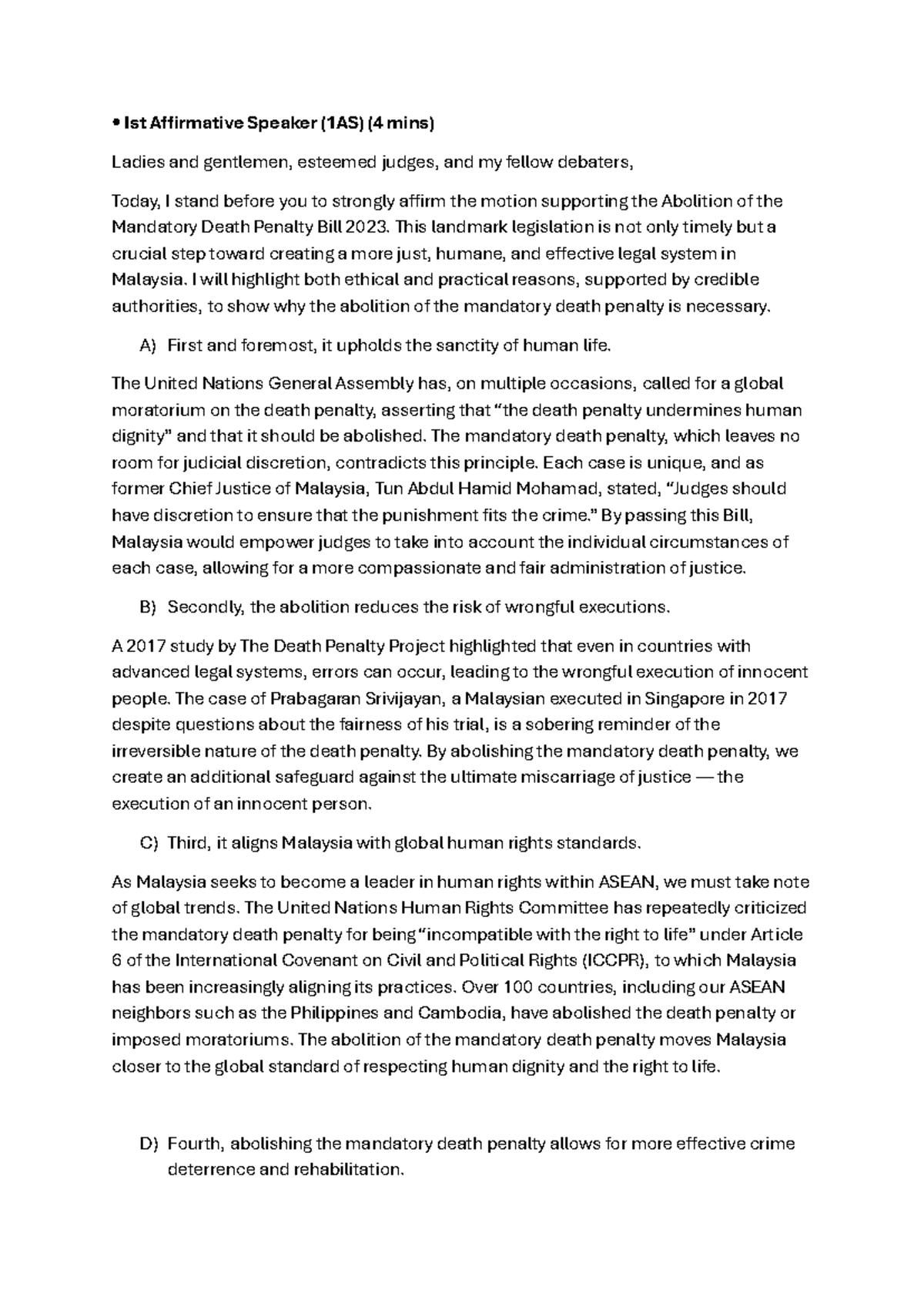 Debate script - blablabla - • Ist Affirmative Speaker (1AS) (4 mins ...