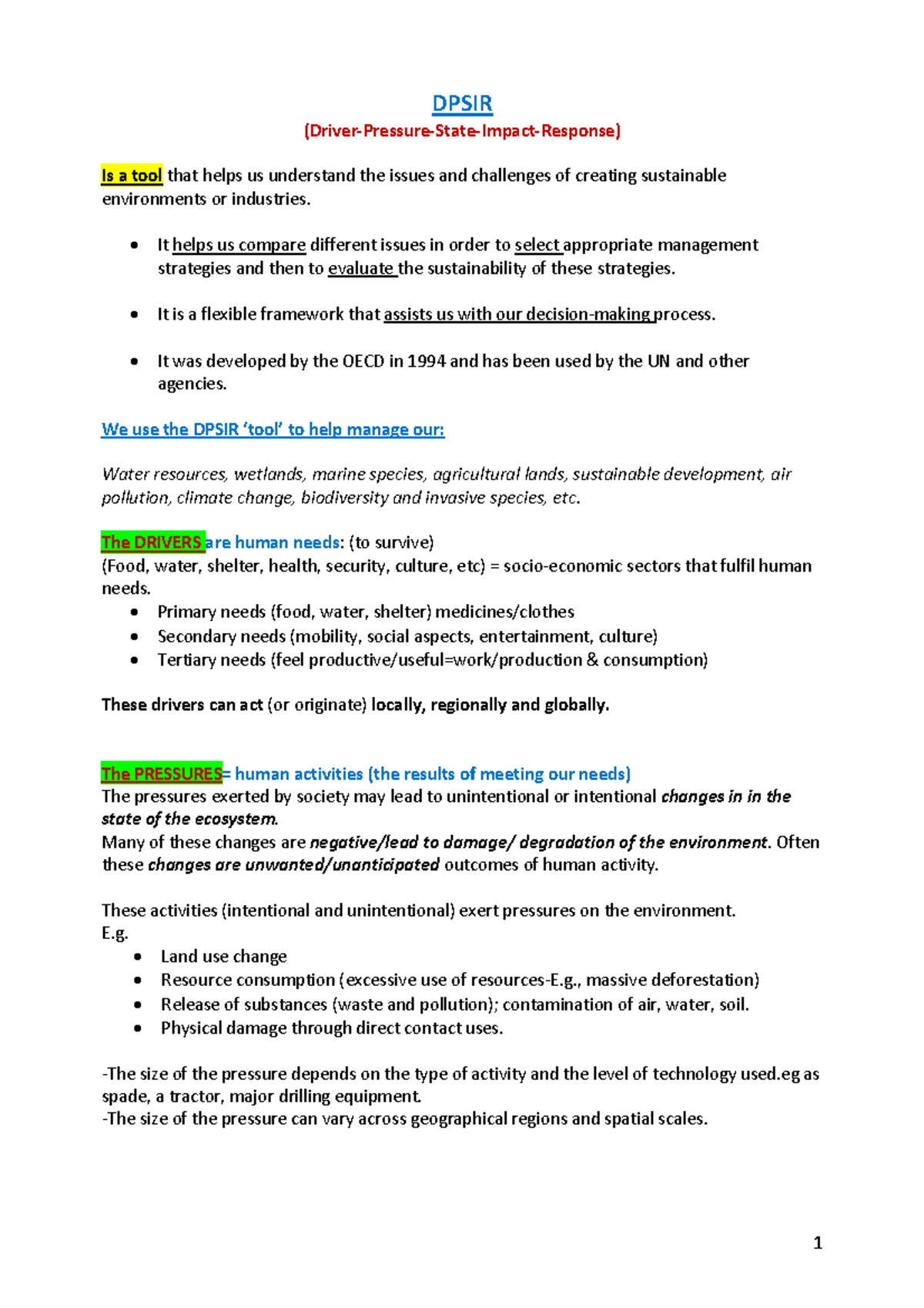 Dpsir class notes 2021 - Grade: A+ - DPSIR (Driver-Pressure-State ...