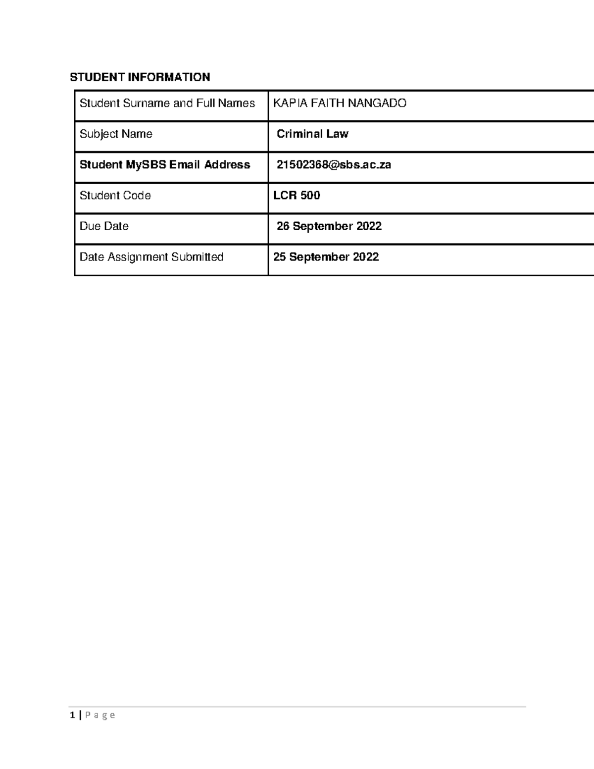 21502368 LCR 500 Kapia - Good one - STUDENT INFORMATION Student Surname and Full Names KAPIA ...