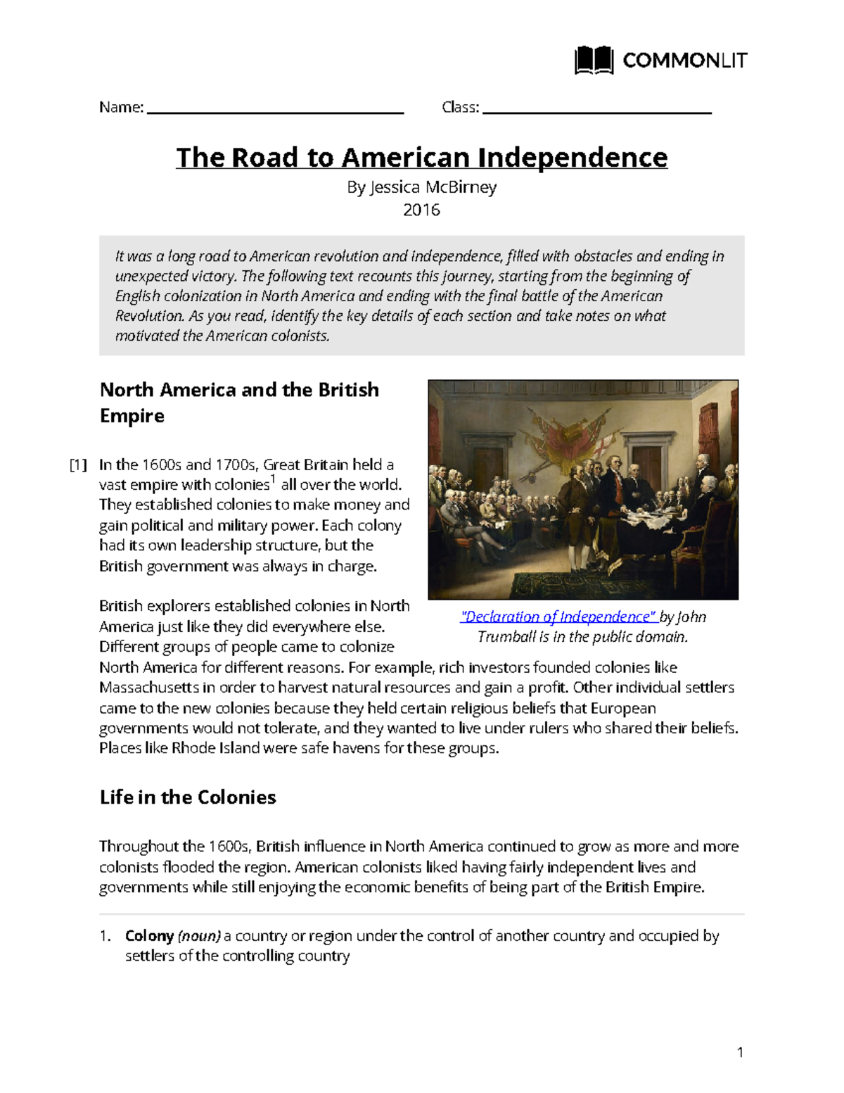 The Road to American Independence-student copy - Name: Class ...