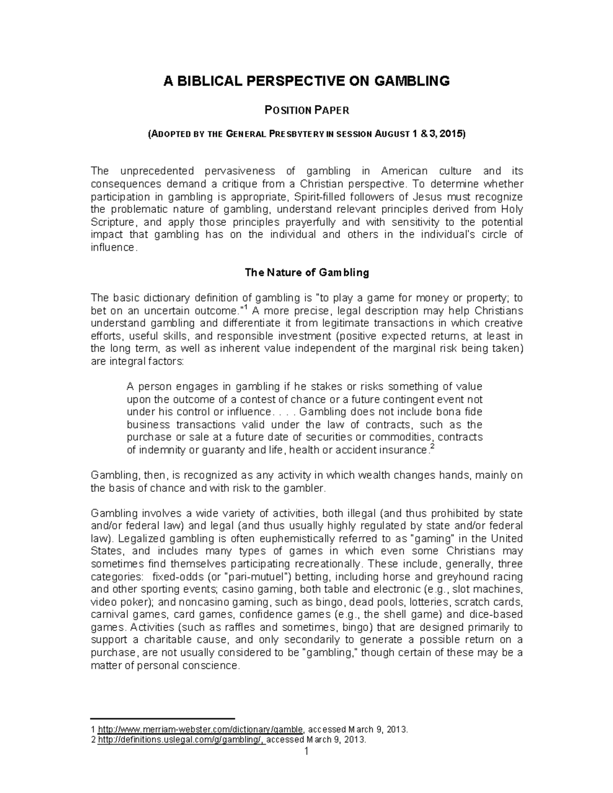 Pp gambling a biblical perspective 08 2015 - A BIBLICAL PERSPECTIVE ON ...