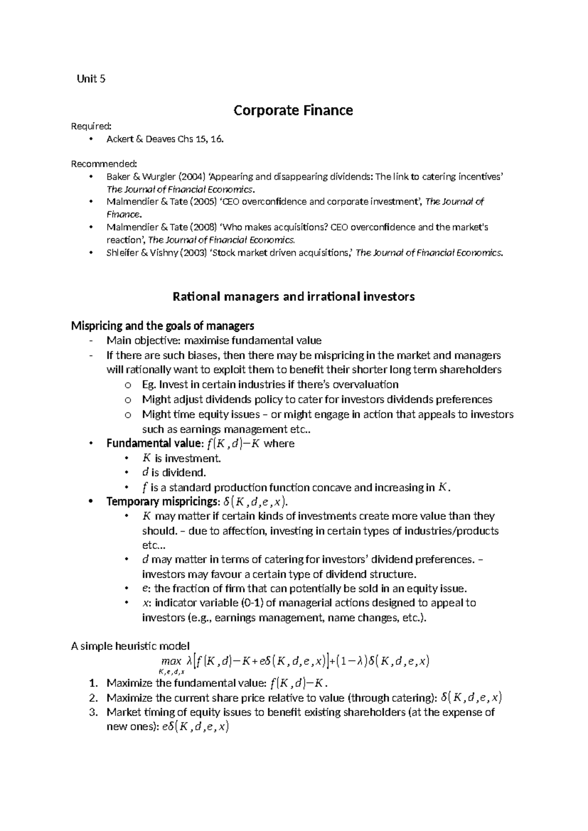 Unit 5 - Corporate Finance - Unit 5 Corporate Finance Required: Ackert ...