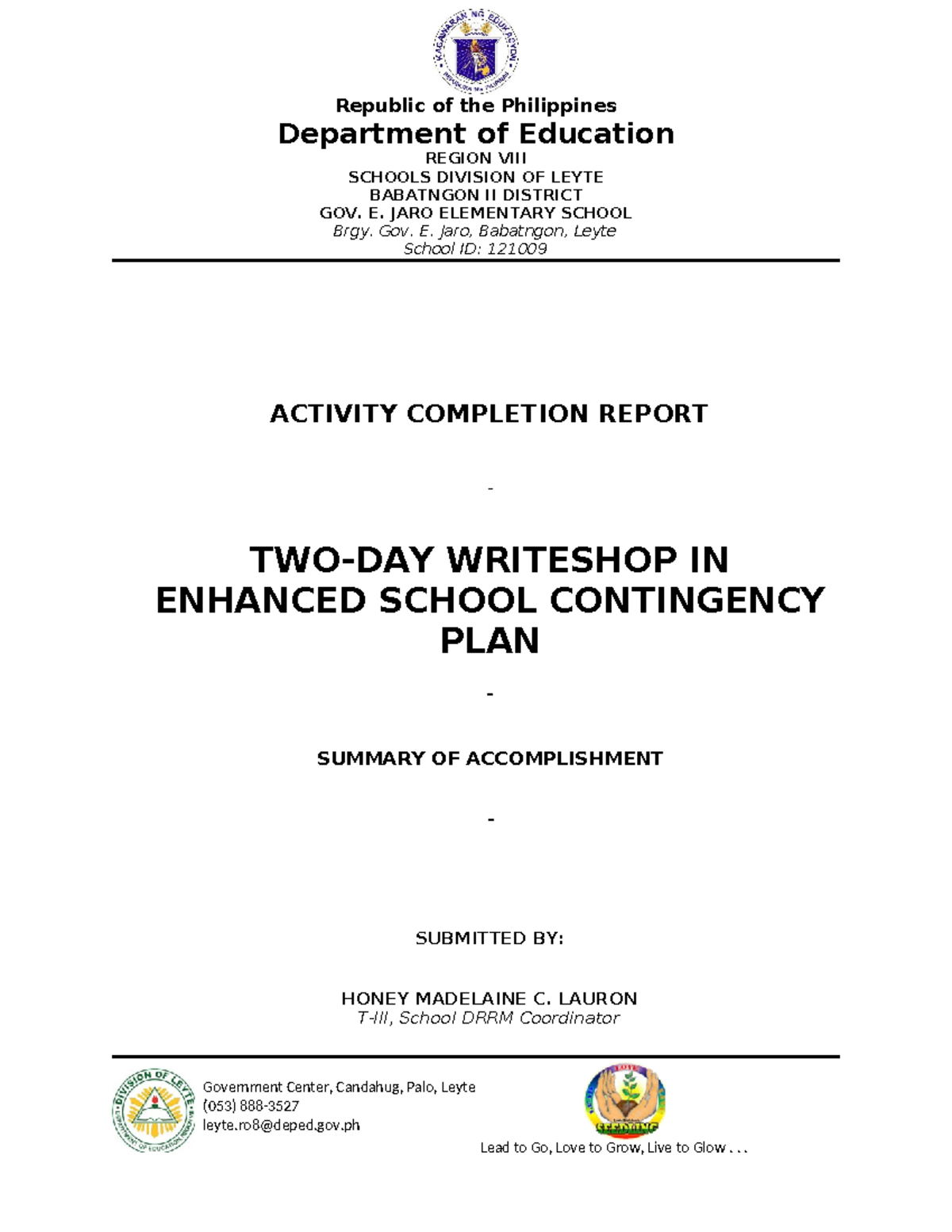 GOV. E. JARO ES Writeshop ECP Activity- Completion- Report - Department ...