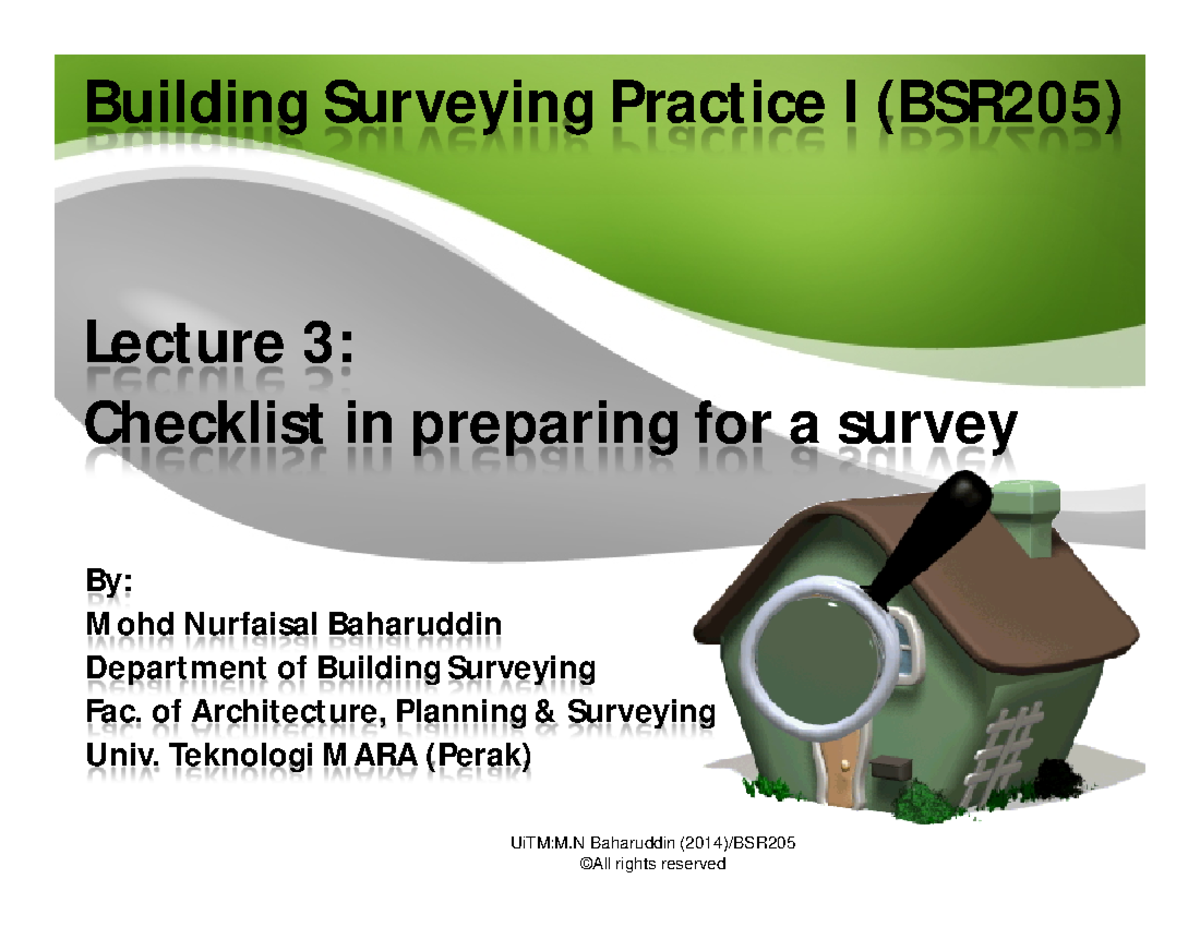 Lecture 3 - notes - Building Surveying Practice I (BSR205)Building ...