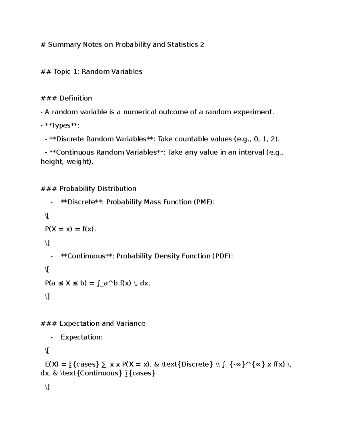 Summary notes on probability and statistics 2 - Types: Discrete Random ...