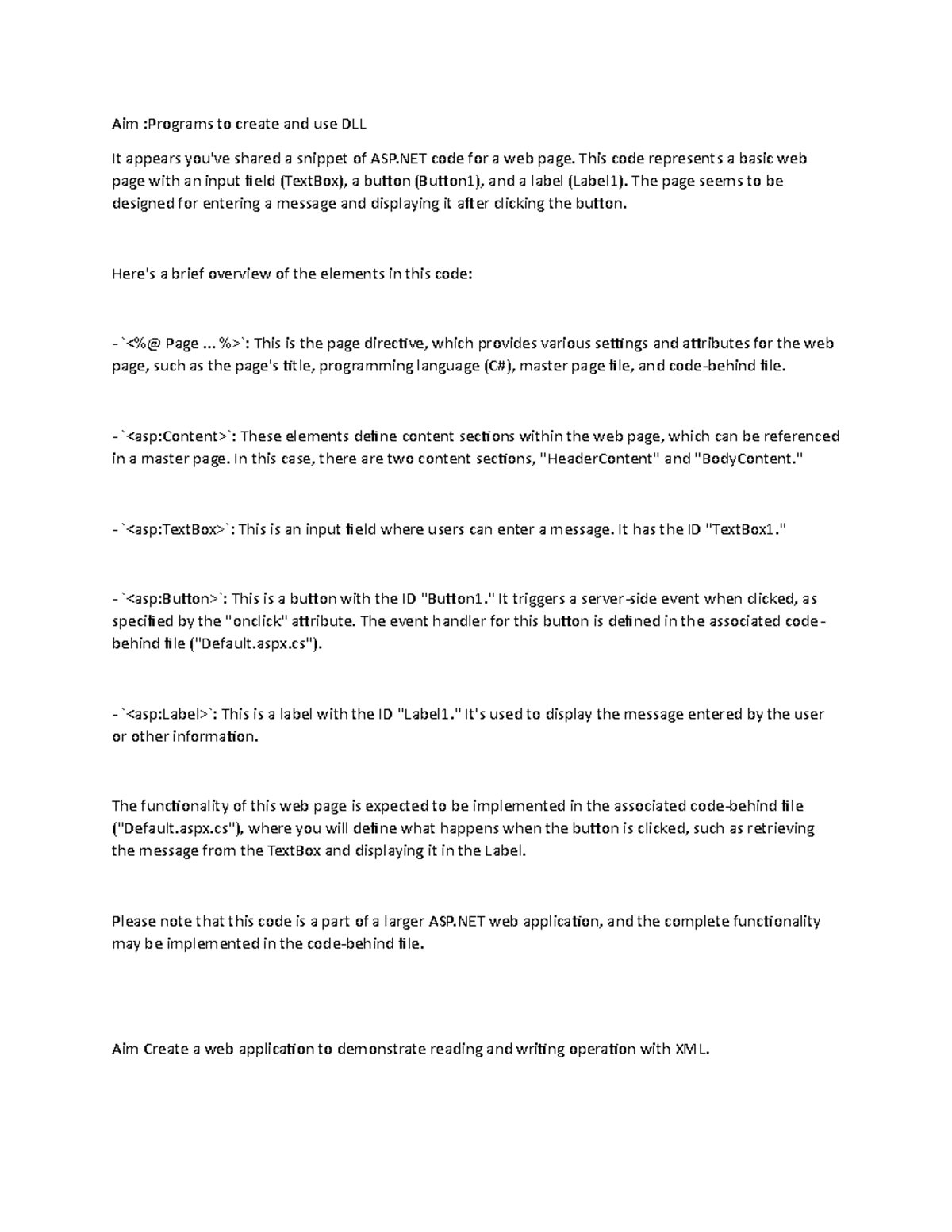 Asp.net practices explain - Aim :Programs to create and use DLL It ...