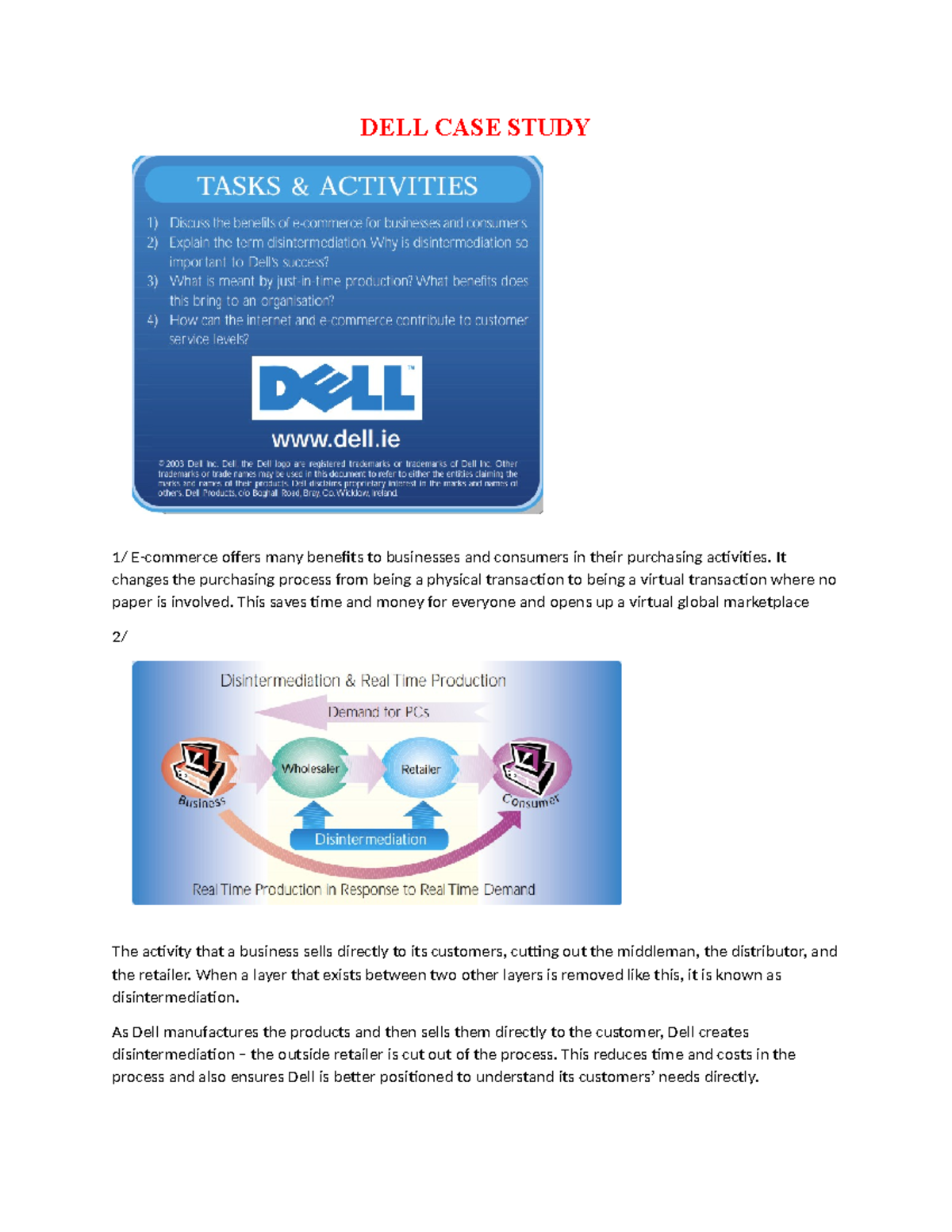 DELL CASE Study - DELL CASE STUDY 1 / E-commerce offers many benefits ...