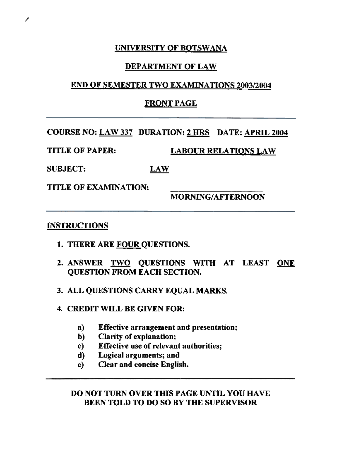 04s2law337 - past exam paper - I UNIVERSITY OF BOTSWANA DEPARTMENT OF ...