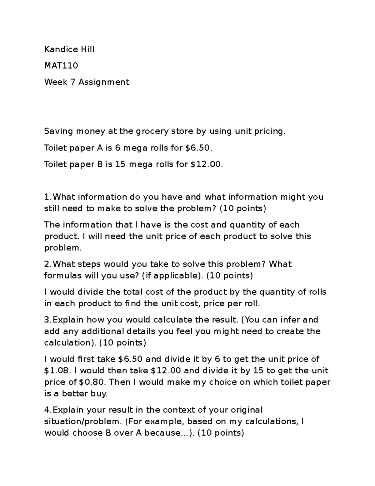MAT110 week7 assignment - Kandice Hill MAT Week 7 Assignment Saving money at the grocery store ...