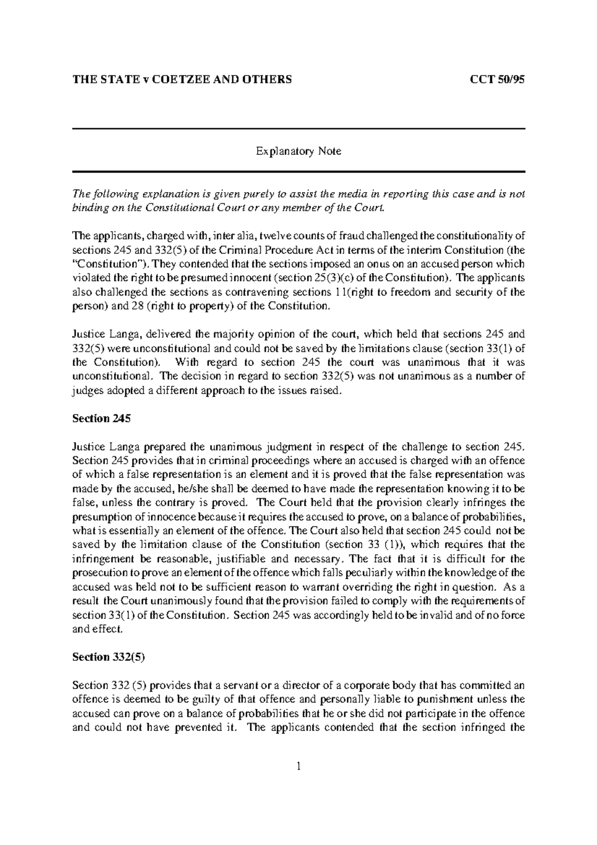 S v Coetzee - THE STATE v COETZEE AND OTHERS CCT 50/ Explanatory Note ...
