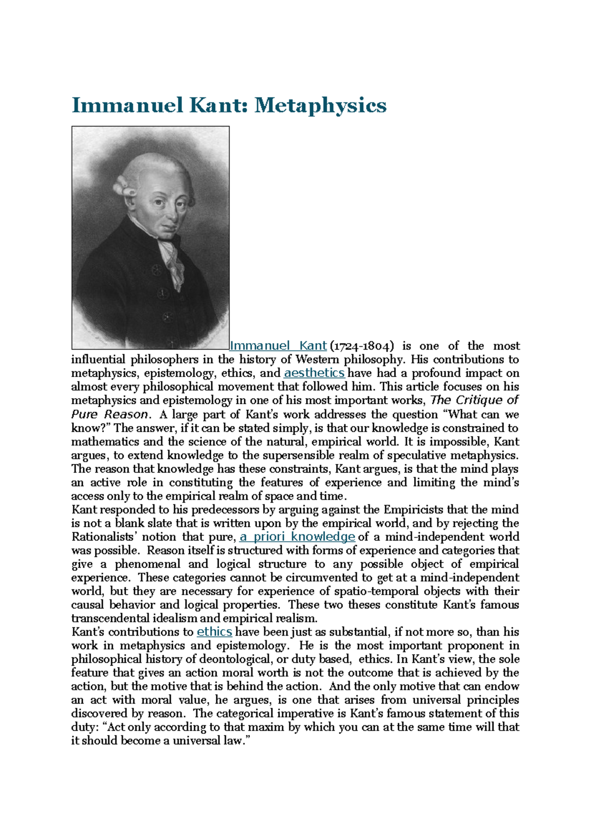 Immanuel Kant Metaphysics - Immanuel Kant: Metaphysics Immanuel Kant ...
