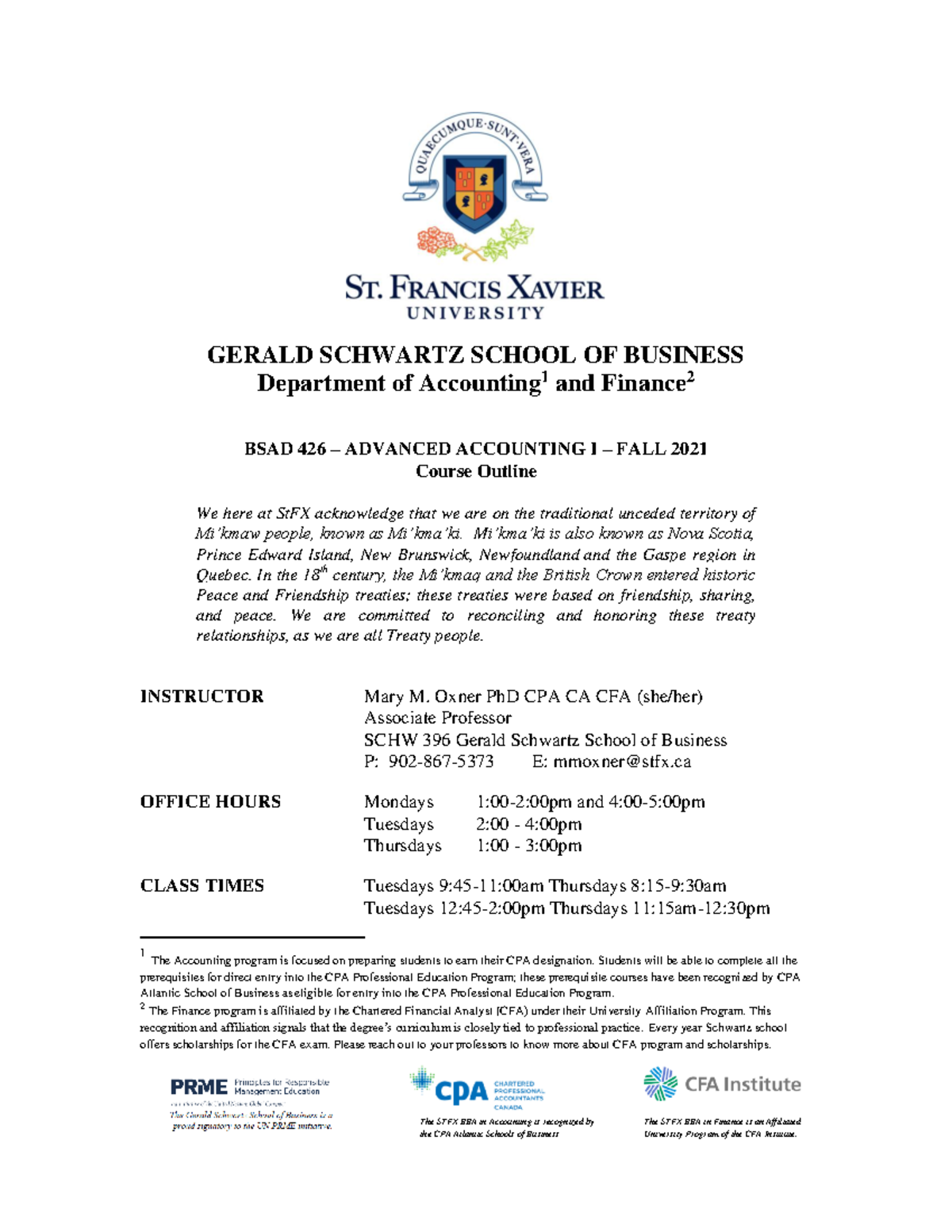 BSAD 426 Course Outline 2021 - The STFX BBA in Accounting is recognized ...