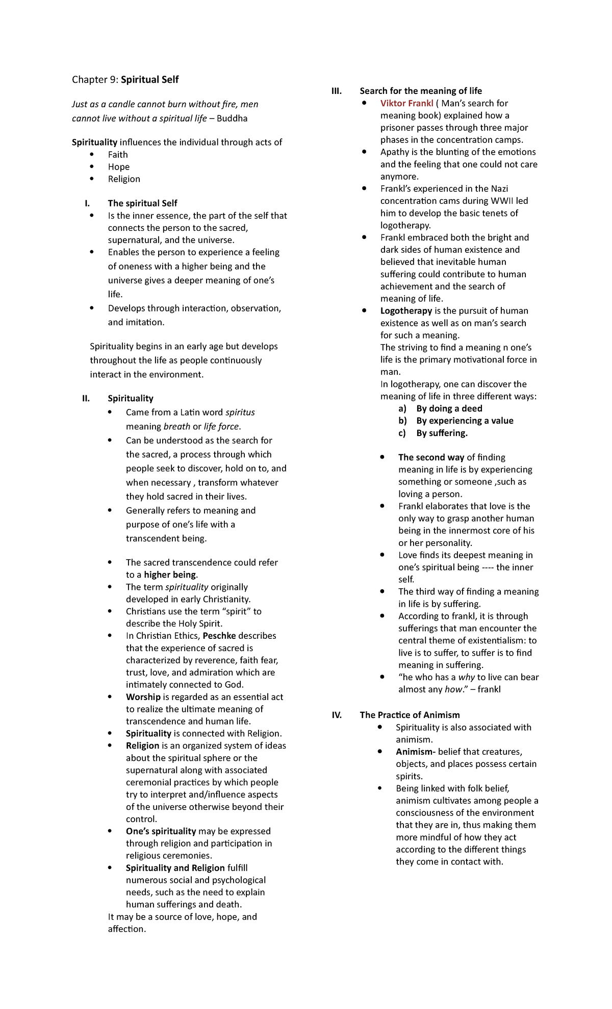 Understanding The self Outline - Chapter 9: Spiritual Self Just as a ...