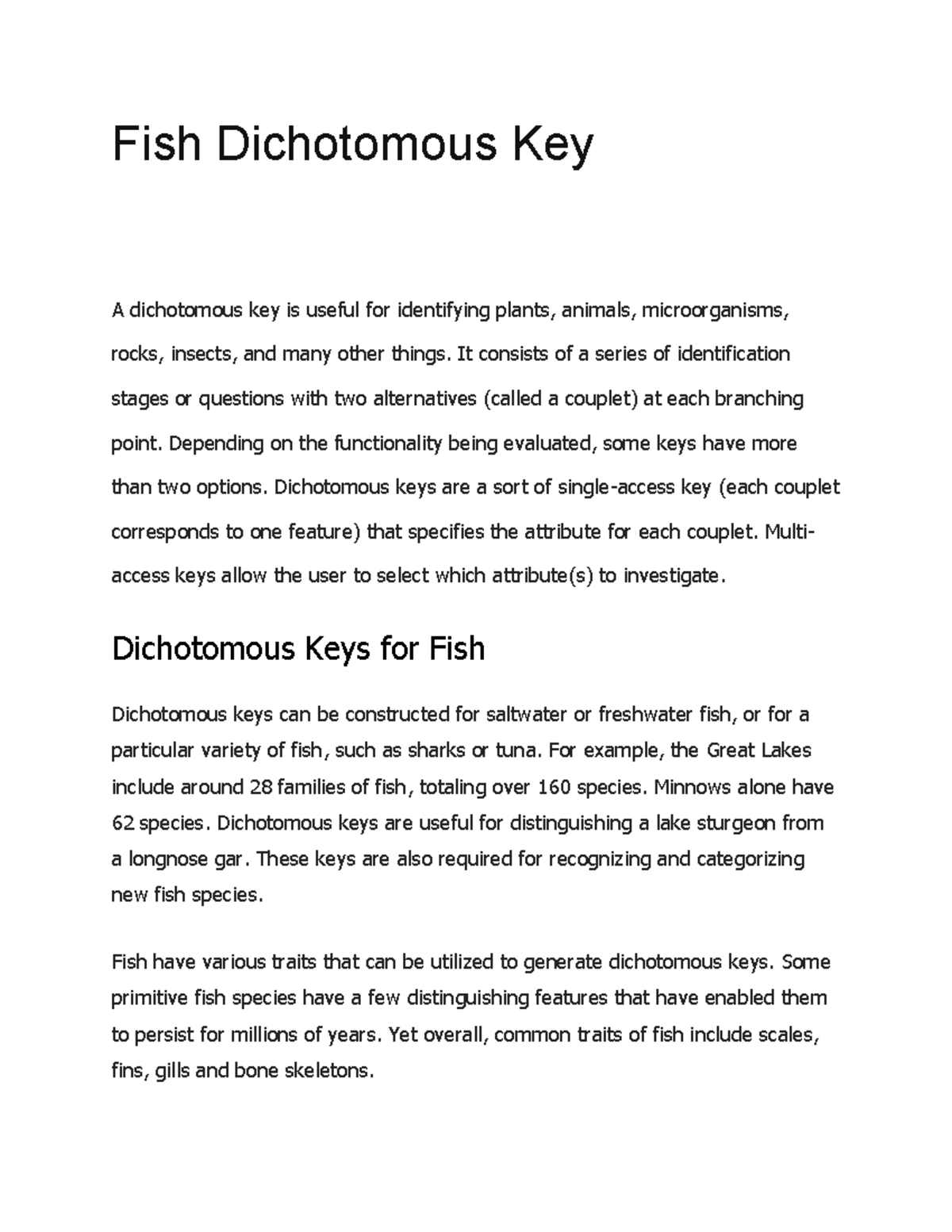 Fish Dichotomous Key - It consists of a series of identification stages ...