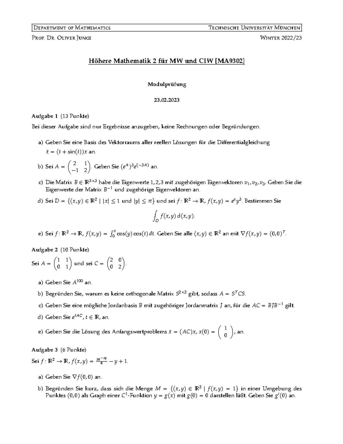 Solution hm2 endterm - HM2 - Höhere Mathematik 2 - TUM - Studocu