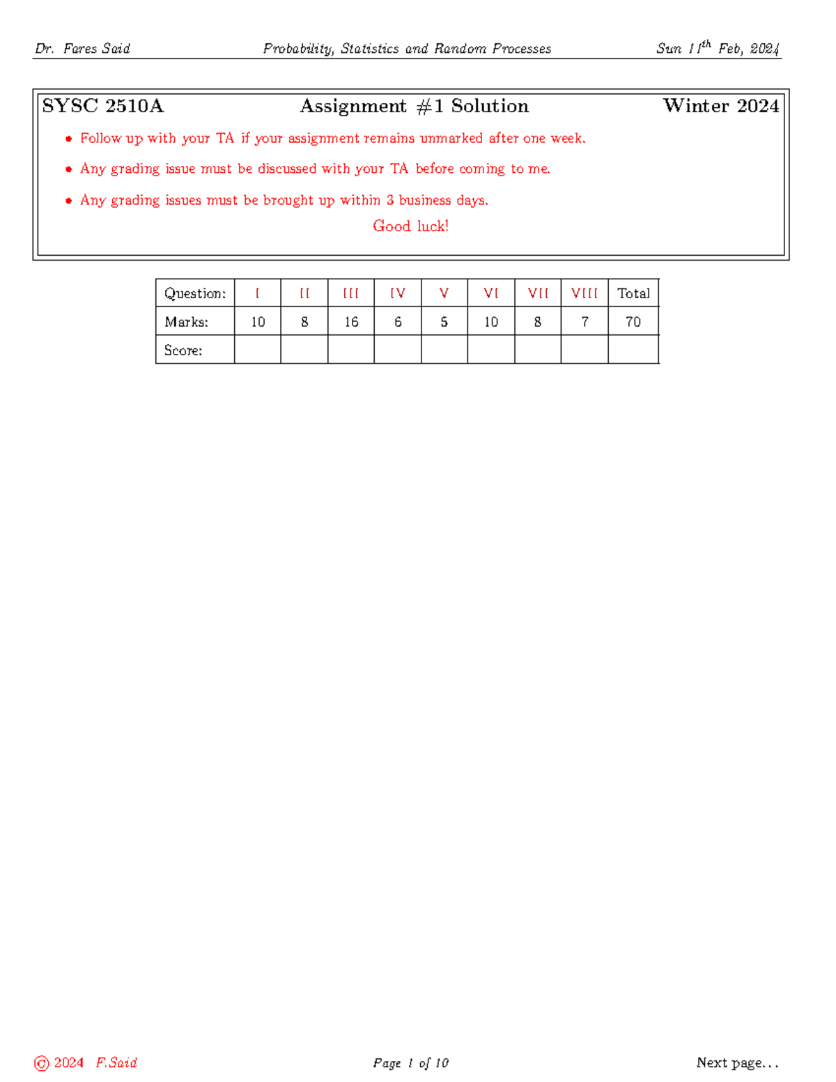 SYSC 2510A A1-W2024-Sol - SYSC 2510A Assignment #1 Solution Winter 2024 Follow up with your TA ...