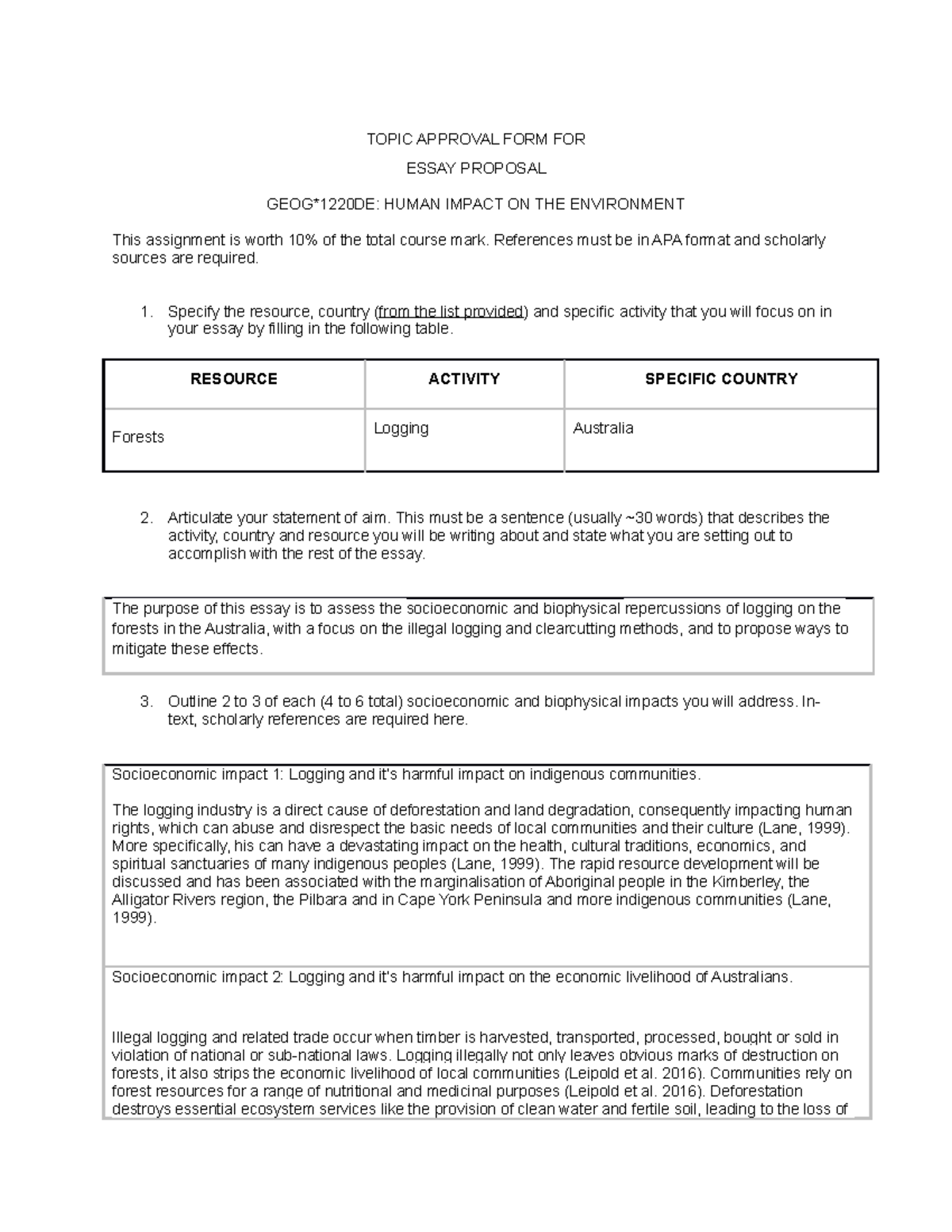 GEOG1220DE Essay Proposal Form 2020 - TOPIC APPROVAL FORM FOR ESSAY ...