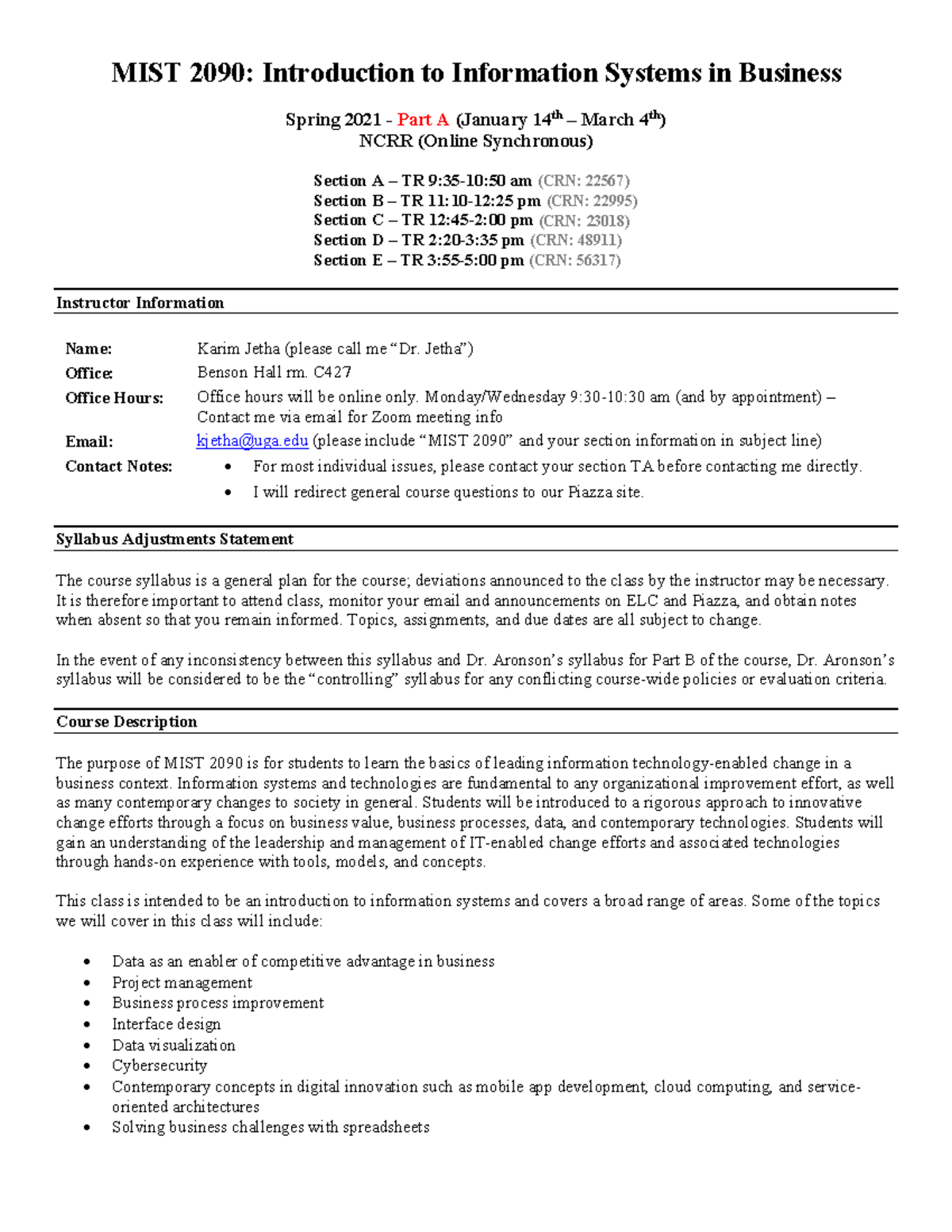 MIST 2090 A Syllabus Spring 2021 Jetha - MIST 2090: Introduction to ...