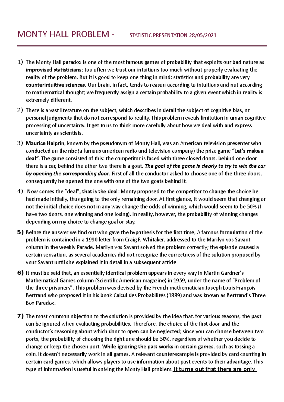 Monty HALL Problem - MONTY HALL PROBLEM - STATISTIC PRESENTATION 28/05 ...
