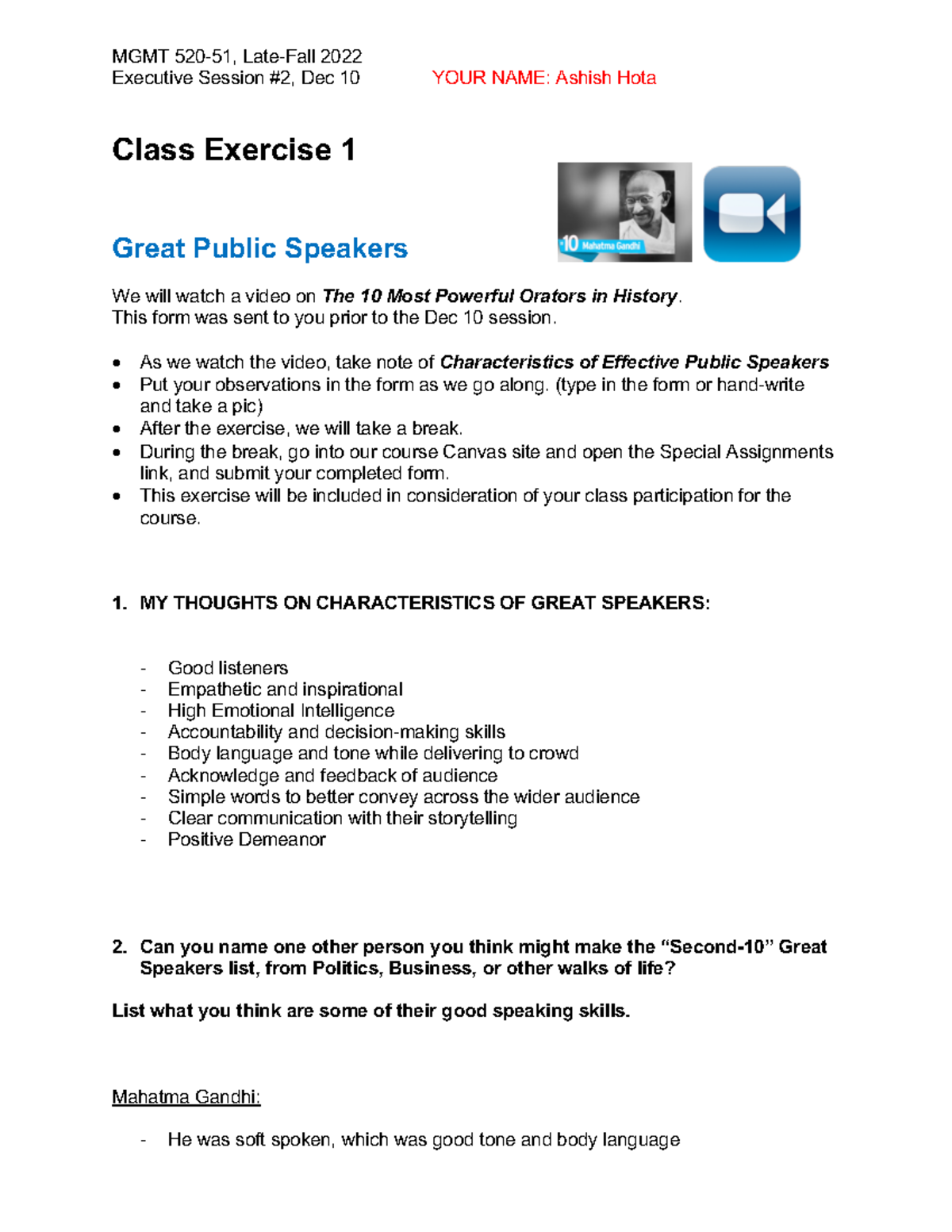 Exercise- Characteristics of Great Orators-2 - MGMT 520-51, Late-Fall ...