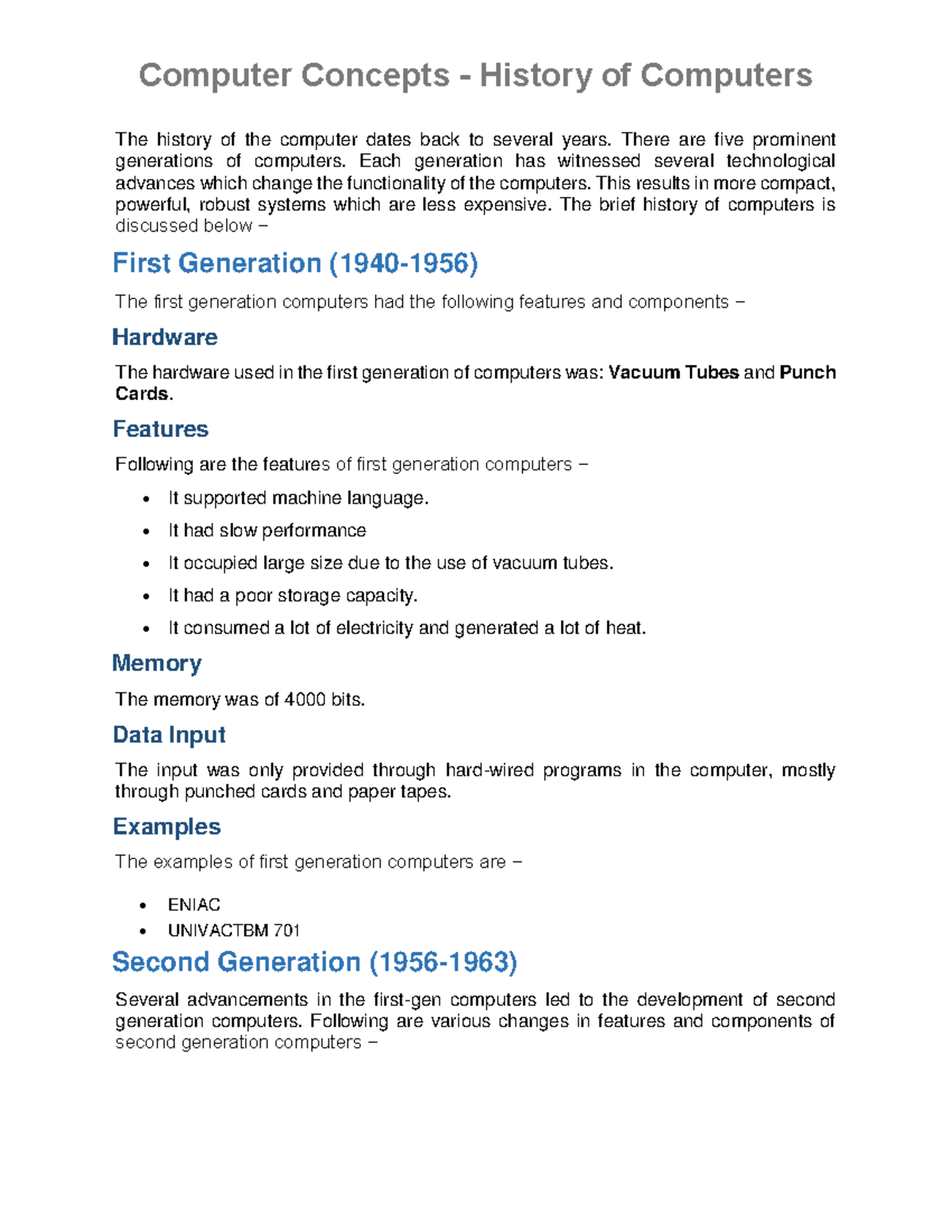Conmputer generations summary notes - Computer Concepts - History of ...