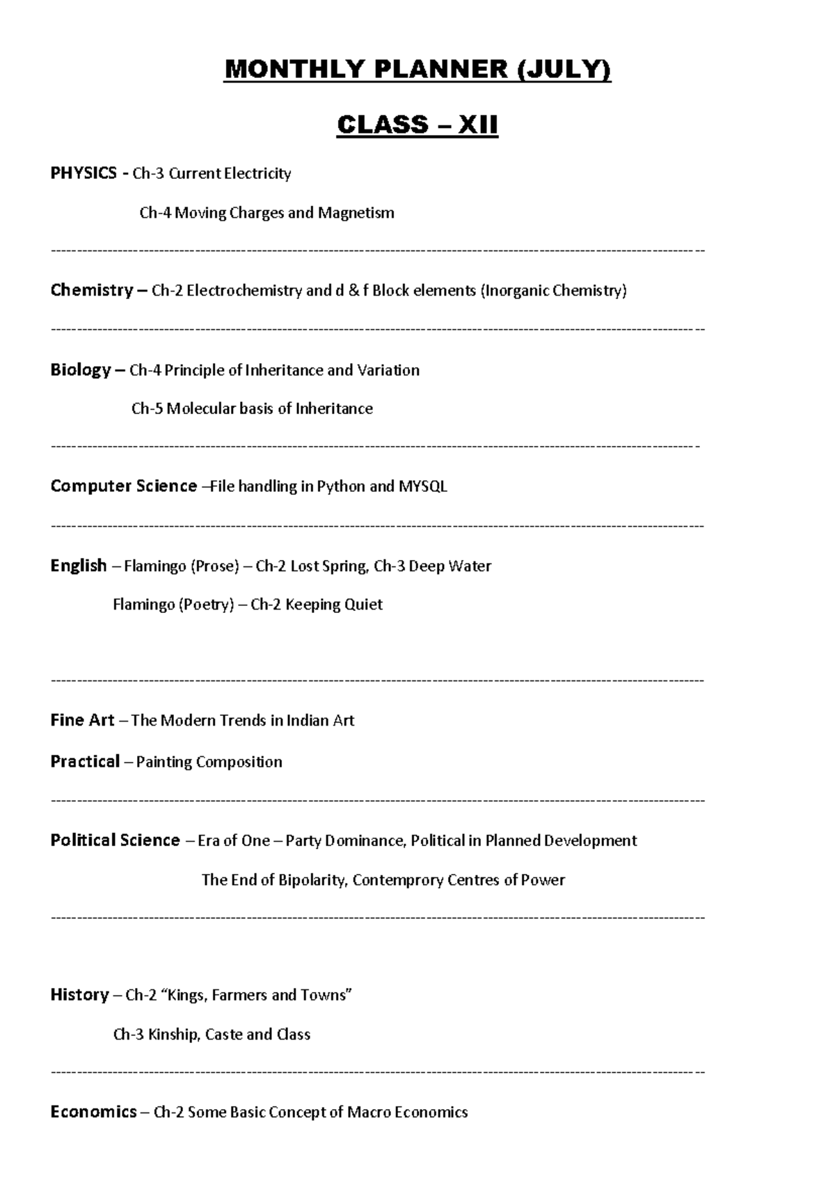 Monthly Planner - XII - Hello - MONTHLY PLANNER (JULY) CLASS – XII ...