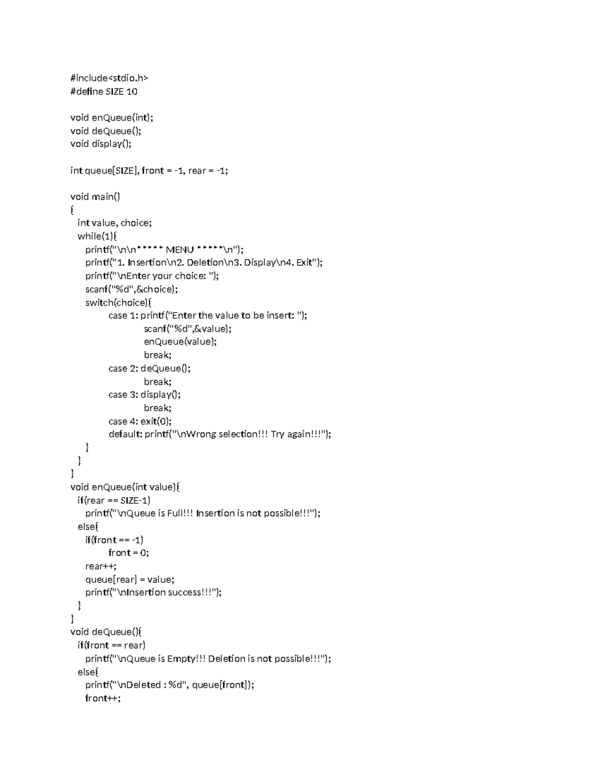 Queue using array - #include #define SIZE 10 void enQueue(int); void deQueue(); void - Studocu