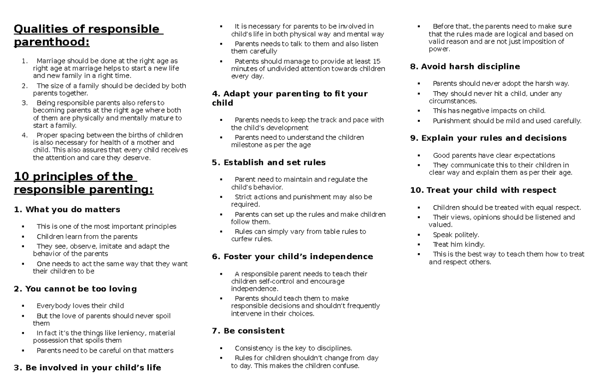 Qualities of responsible parenthood - Qualities of responsible ...