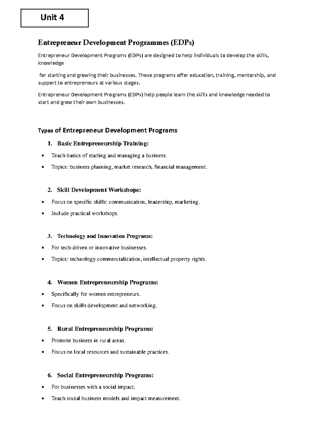Unit 4 entrepreneurship - Entrepreneur Development Programmes (EDPs ...